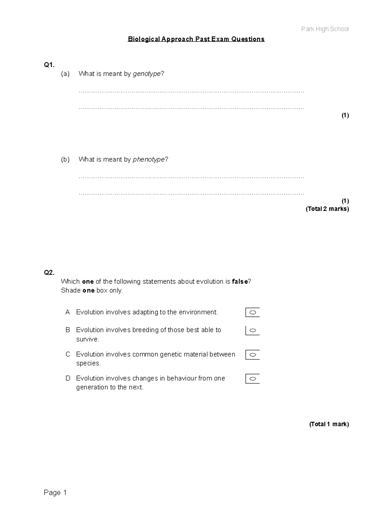 Biological-approach - question pack + answer - Biological Approach Past ...