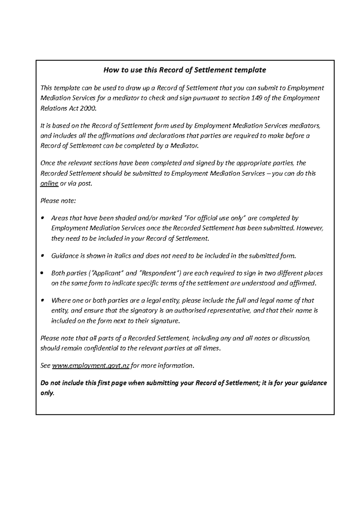 Record of settlement template - How to use this Record of Settlement ...