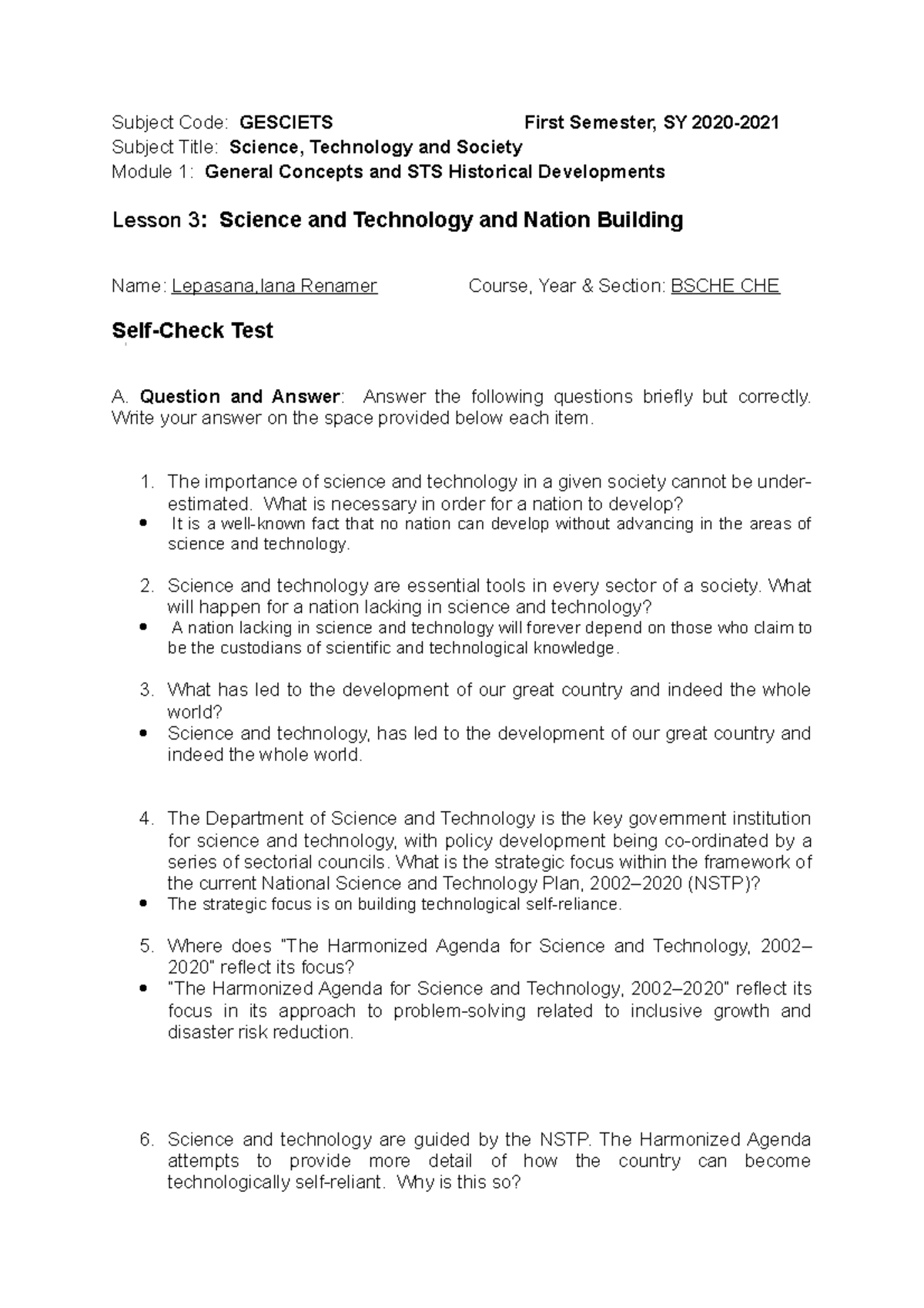 STS - SELF Check Lesson 3 - Subject Code: GESCIETS First Semester, SY ...