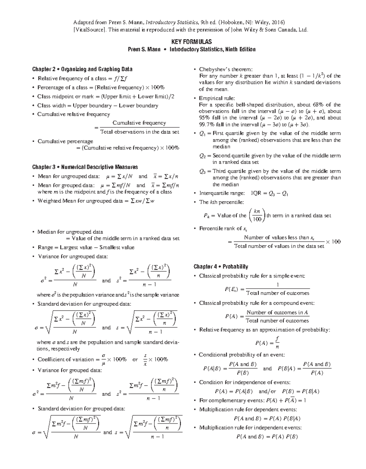 MATH 215 formulas for test - Chapter 2 • Organizing and Graphing Data ...