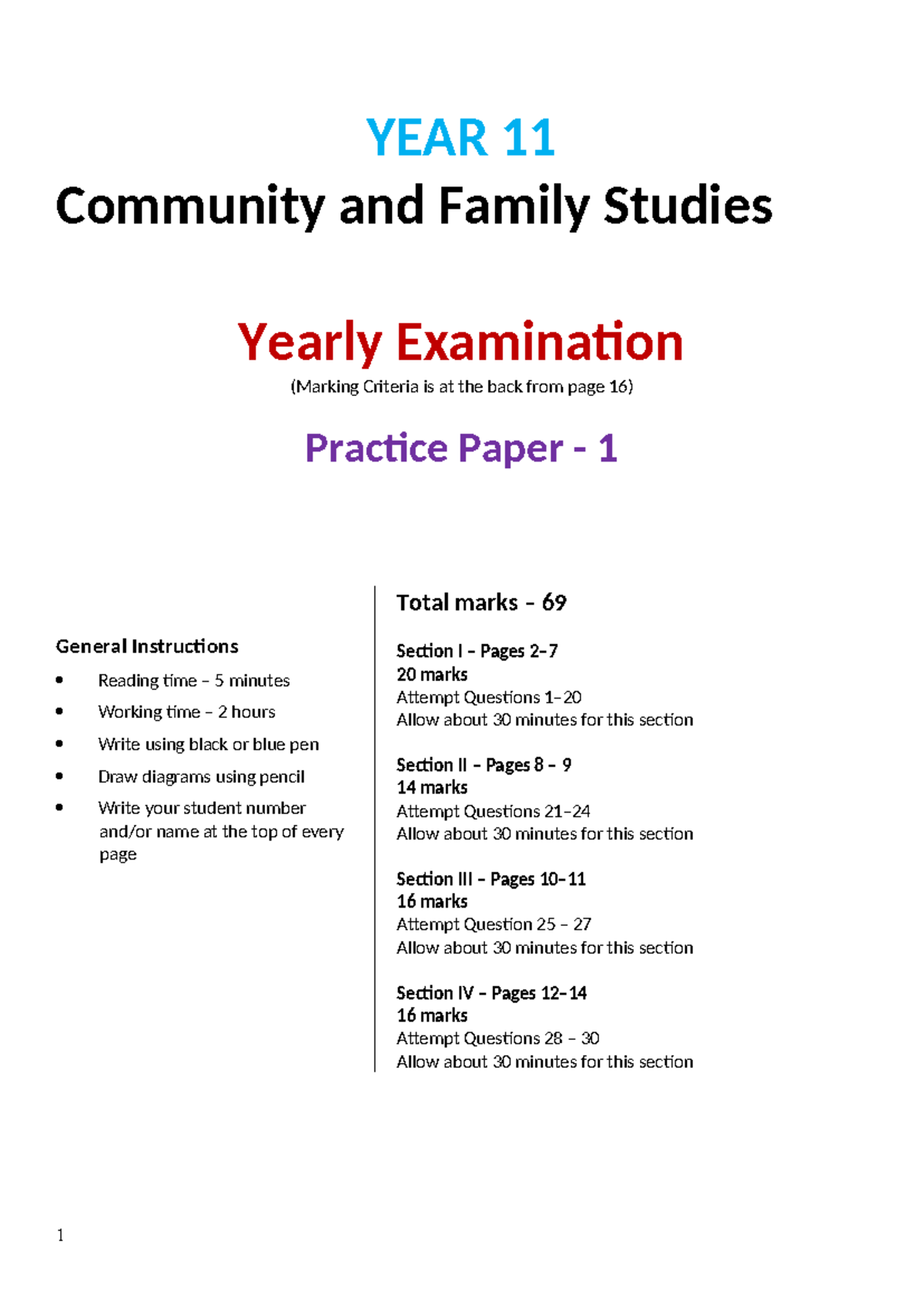 11CAFS Practice Examination Paper 1 - YEAR 11 Community and Family ...