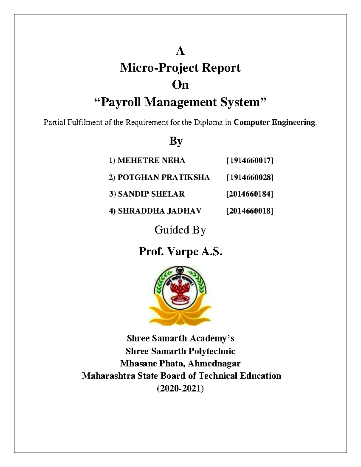 GAD Project Final PDF - A Micro-Project Report On “Payroll Management System” Partial Fulfilment ...