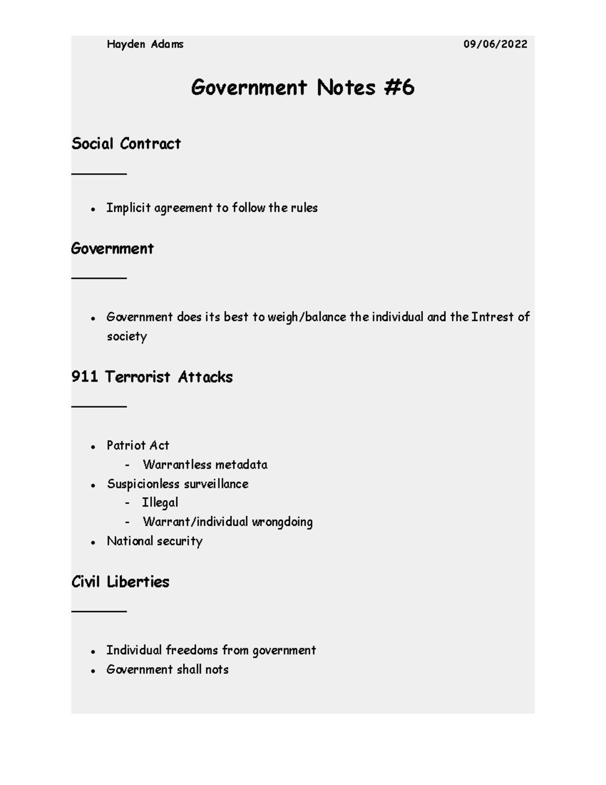 Government Notes #6 - Government Notes Social Contract ______ Implicit ...