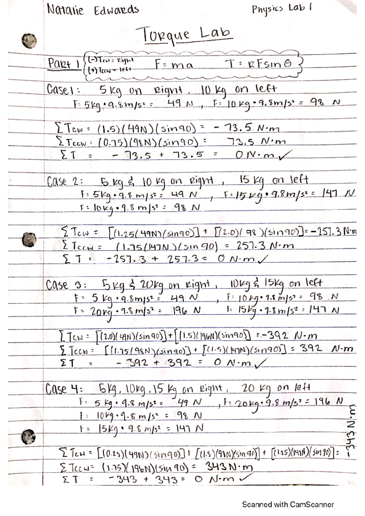 Torque Lab - lab report - Natalie Edwards Physics Lab I Torque Lab Part I Right F ma T RFsin O ...