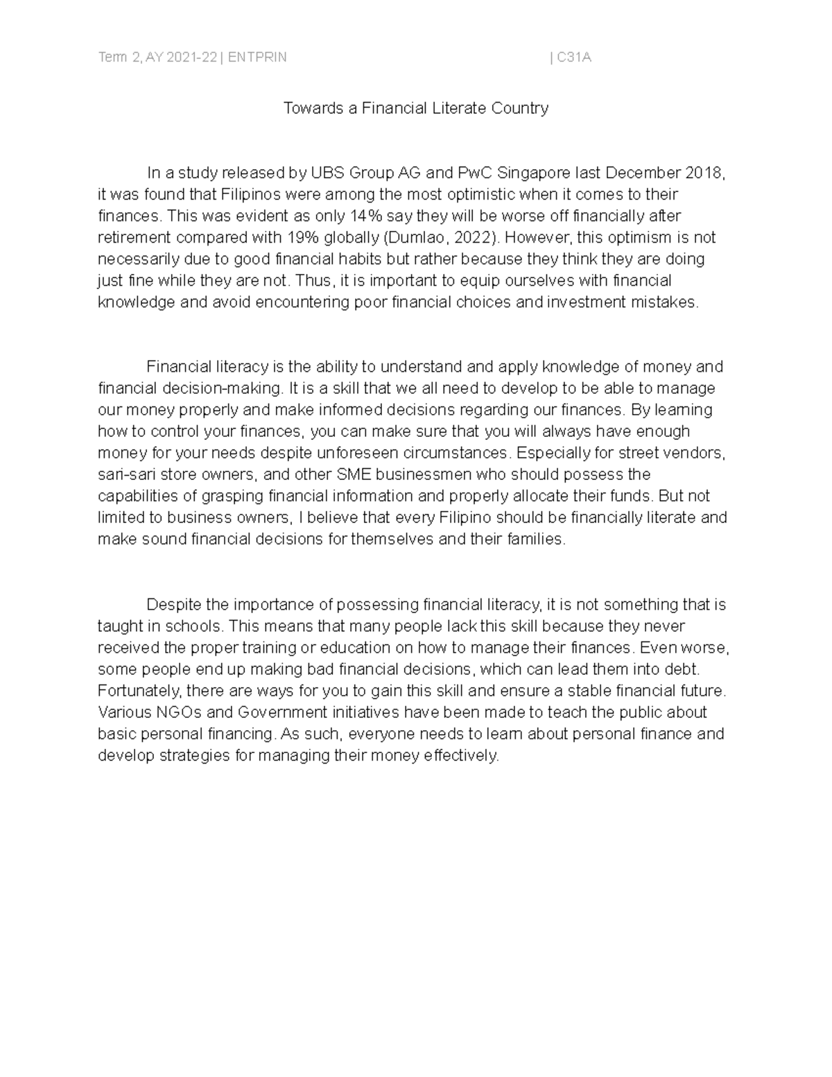 Assignment No. 2 - Reflection Paper - Term 2, AY 2021-22 | ENTPRIN ...