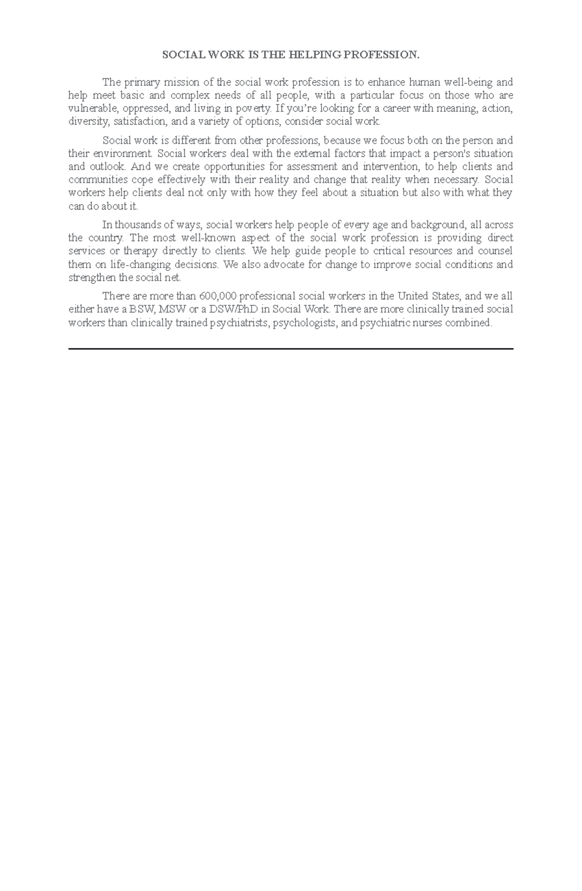 Social-Work-Article - N/A - SOCIAL WORK IS THE HELPING PROFESSION. The ...