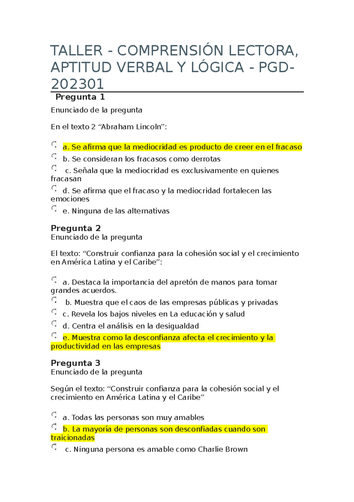 Taller 1 Examen 1 - preguntas - TALLER - COMPRENSIÓN LECTORA, APTITUD VERBAL Y LÓGICA - PGD ...