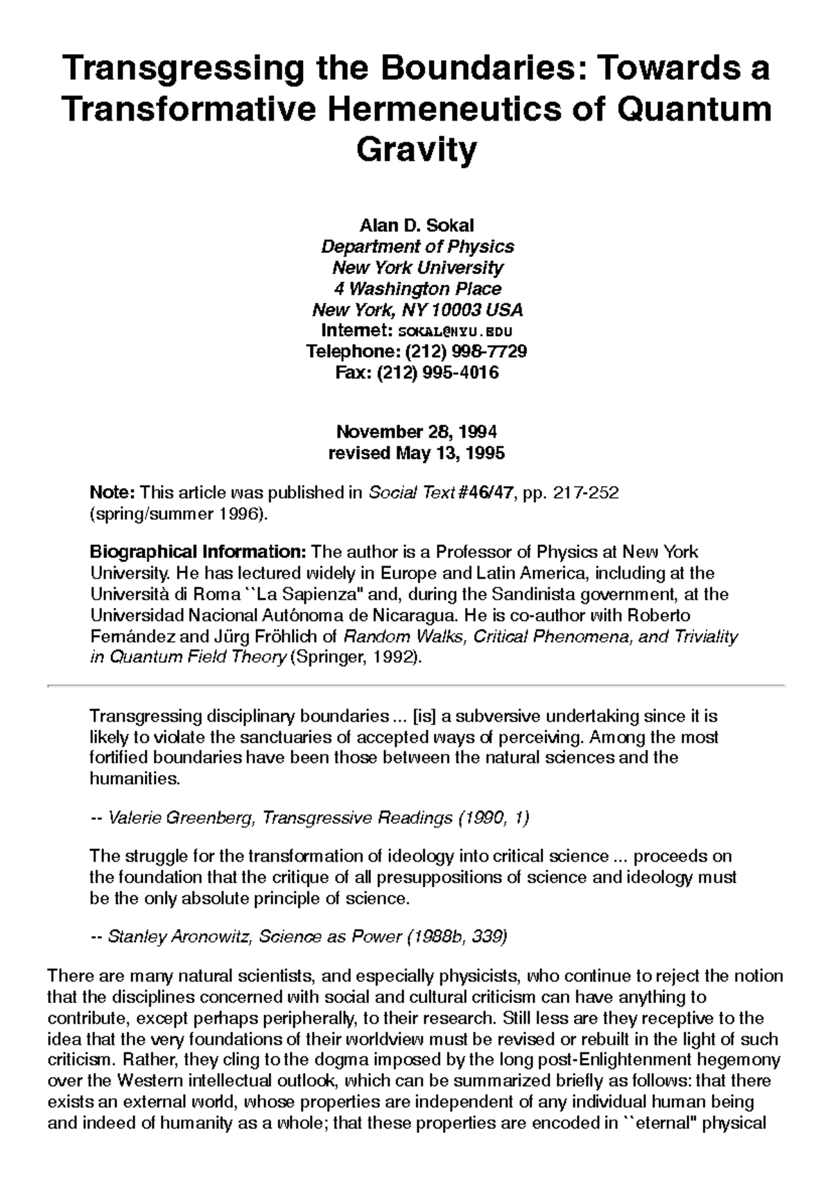 Transgressing the Boundaries Toward a Transformative Hermeneutics of Quantum Gravity - Sokal ...