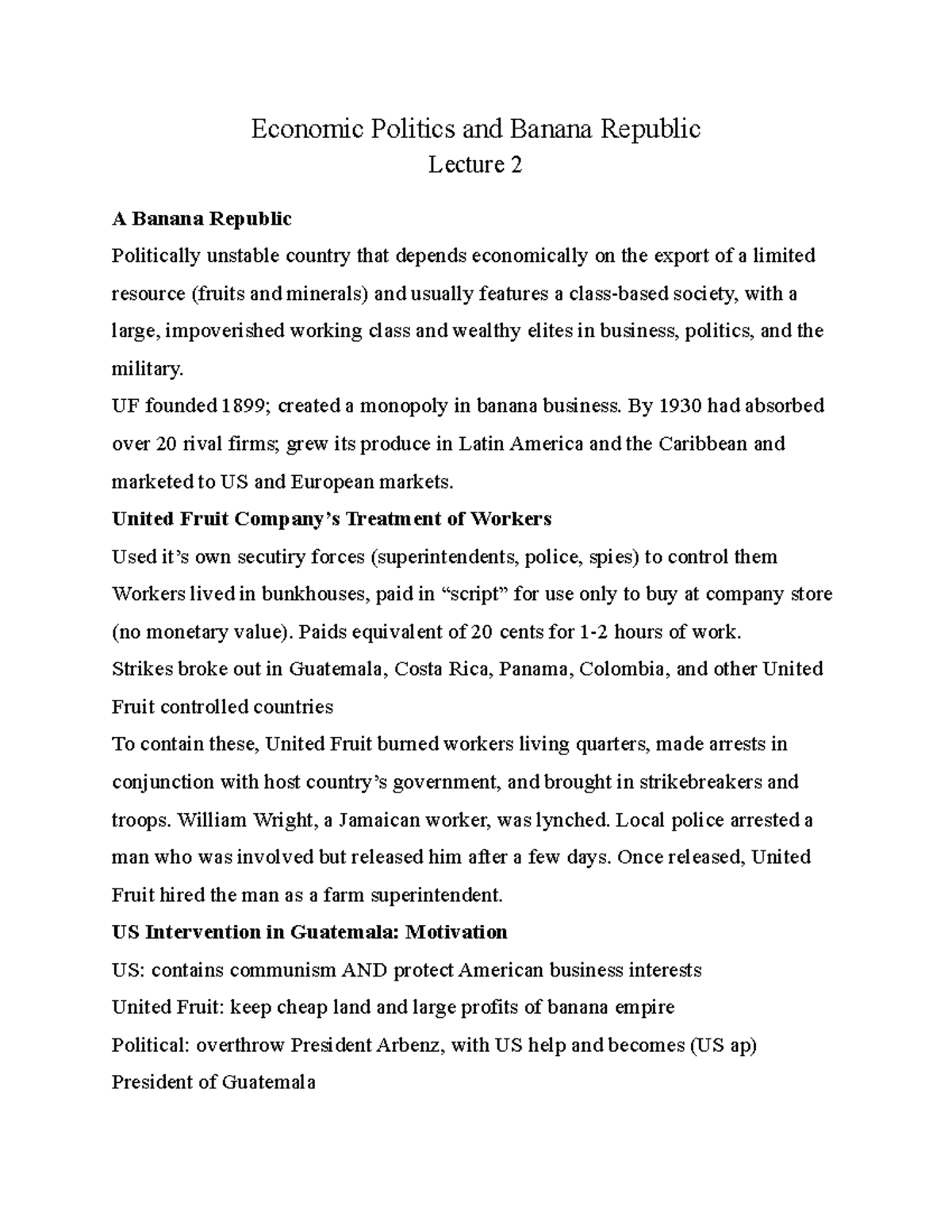 Economic Politics and Banana Republic Lecture 2 - Studocu