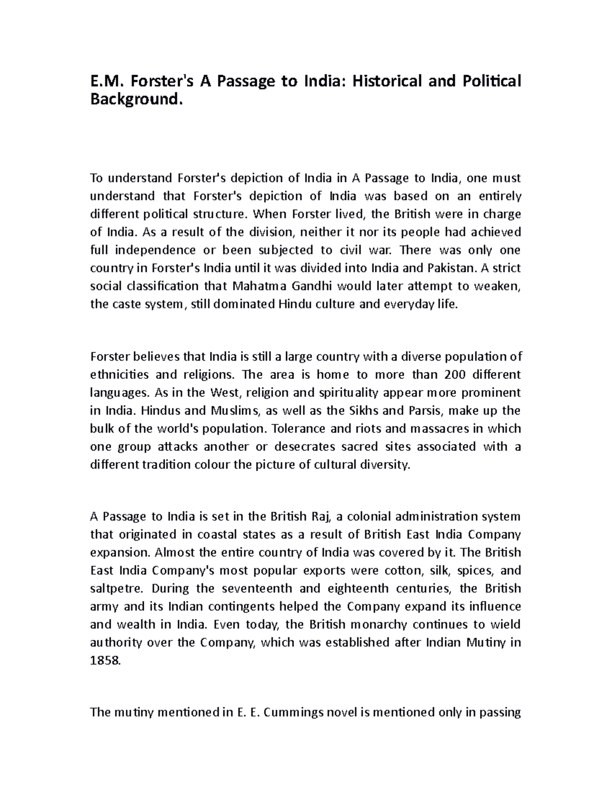 E.M. Forster's A Passage to India Historical and Political Background ...