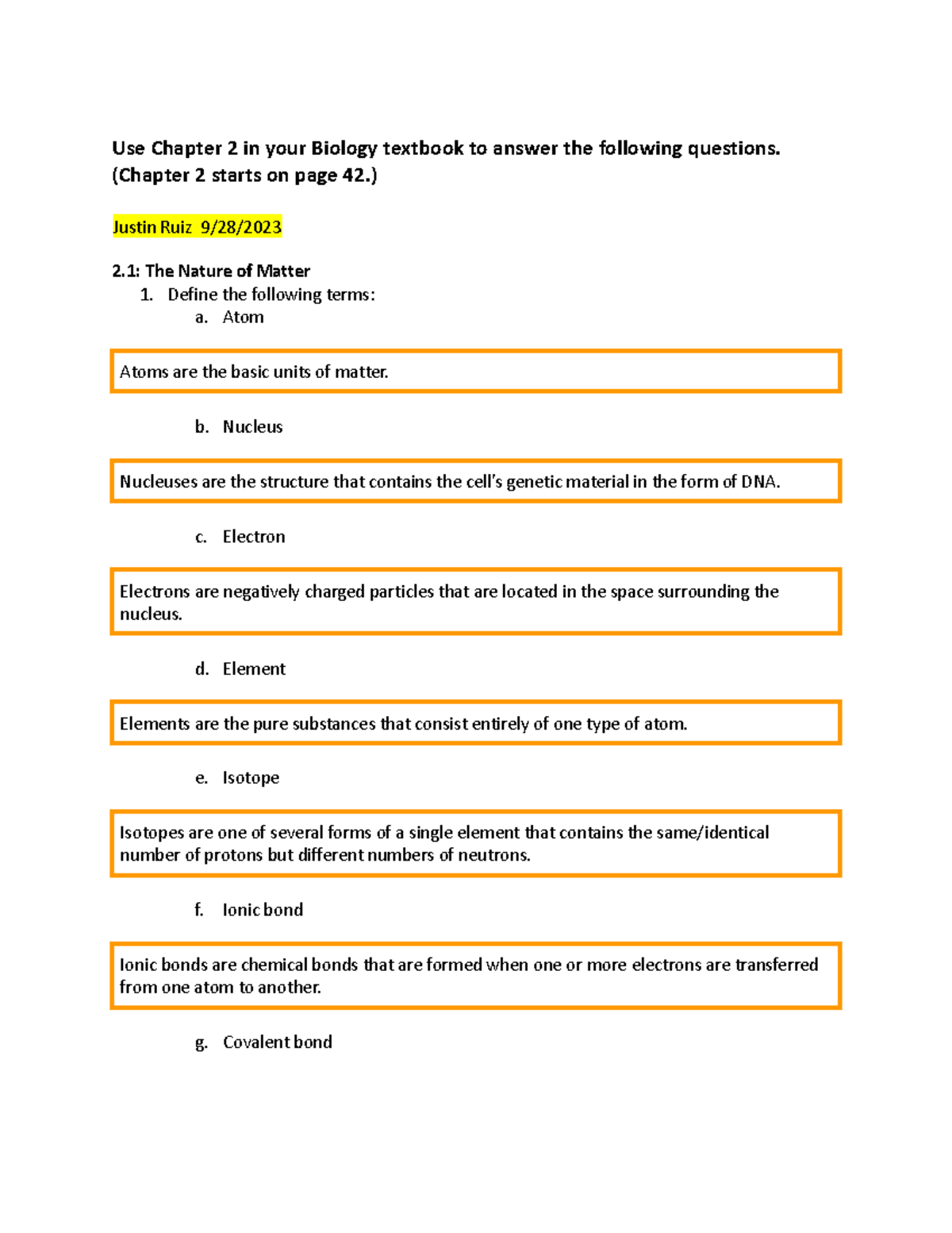 Biology Reading Ch 2 - Use Chapter 2 in your Biology textbook to answer ...