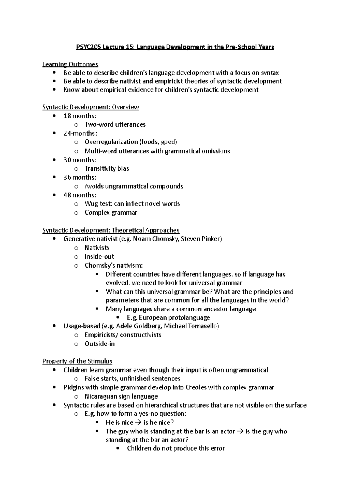 PSYC205 Lecture 15 (Notes) - PSYC205 Lecture 15: Language Development ...