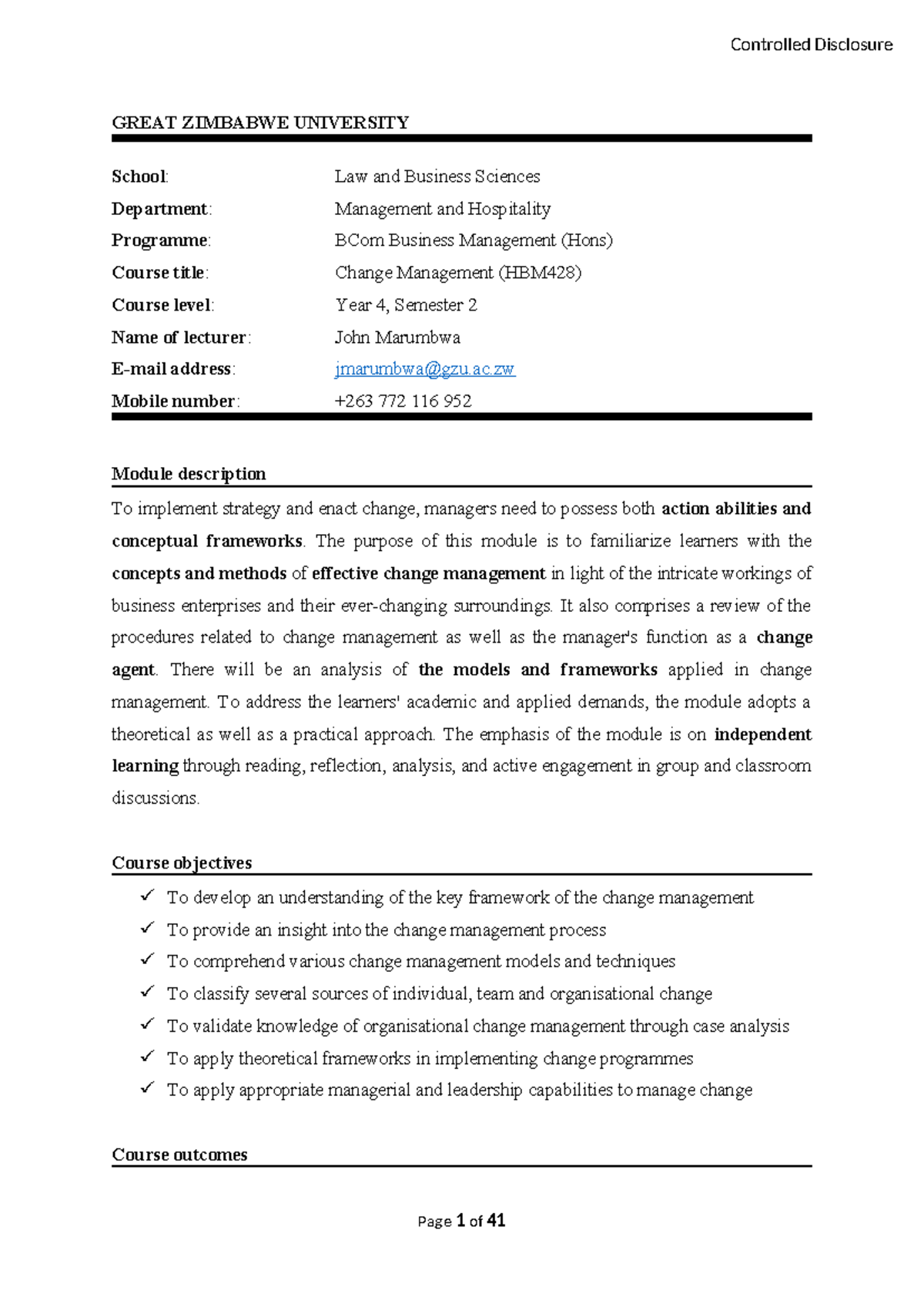 Change management Notes and course outline - GREAT ZIMBABWE UNIVERSITY ...