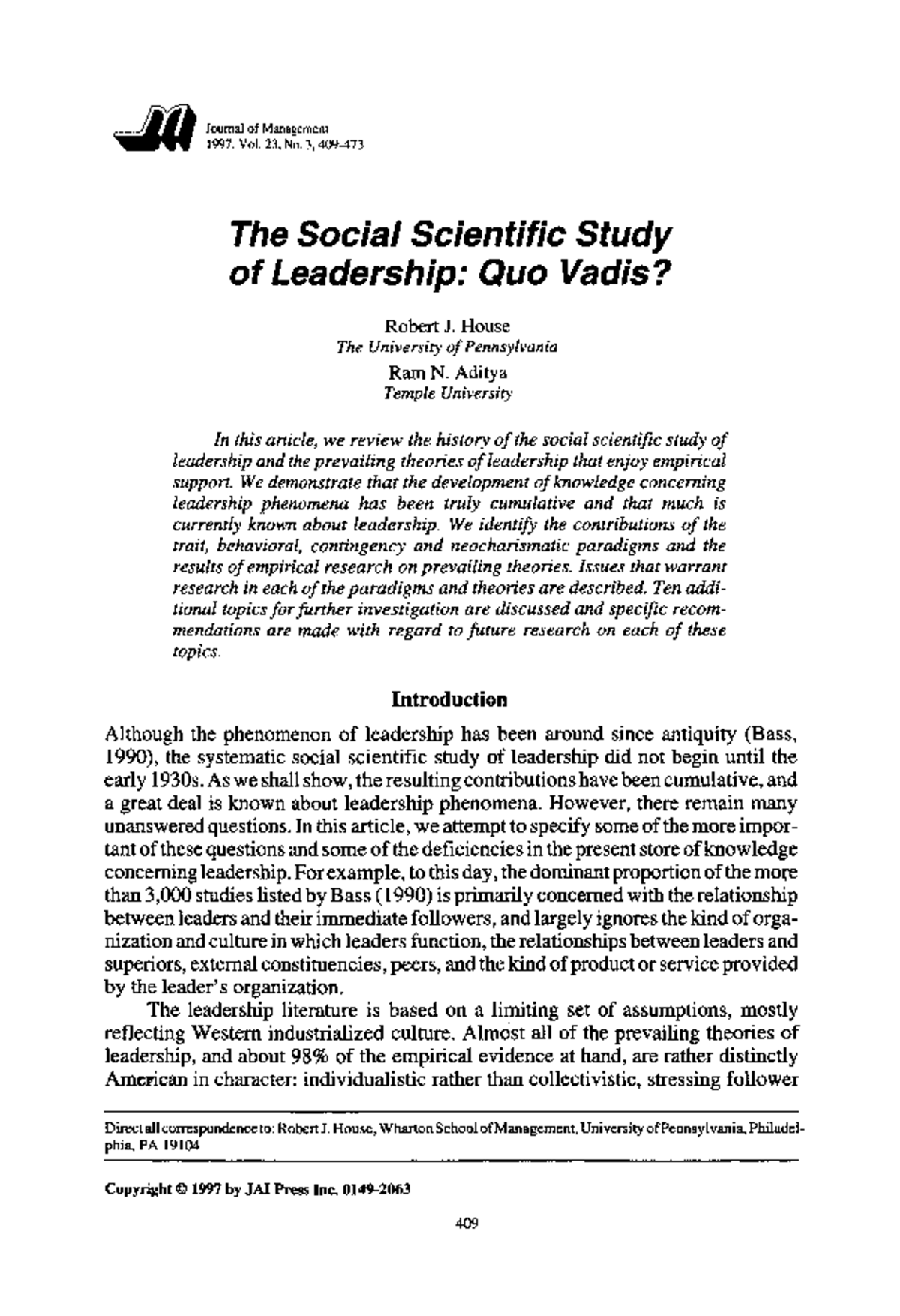 The Social Scientific Study of Leadership - Journal of Management 1997 ...