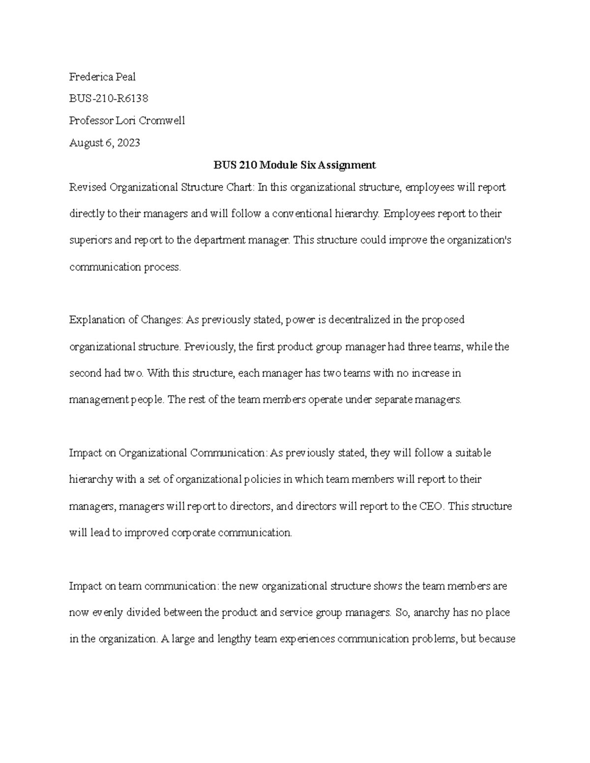 BUS 210 Module Six Assignment - Frederica Peal BUS-210-R Professor Lori ...