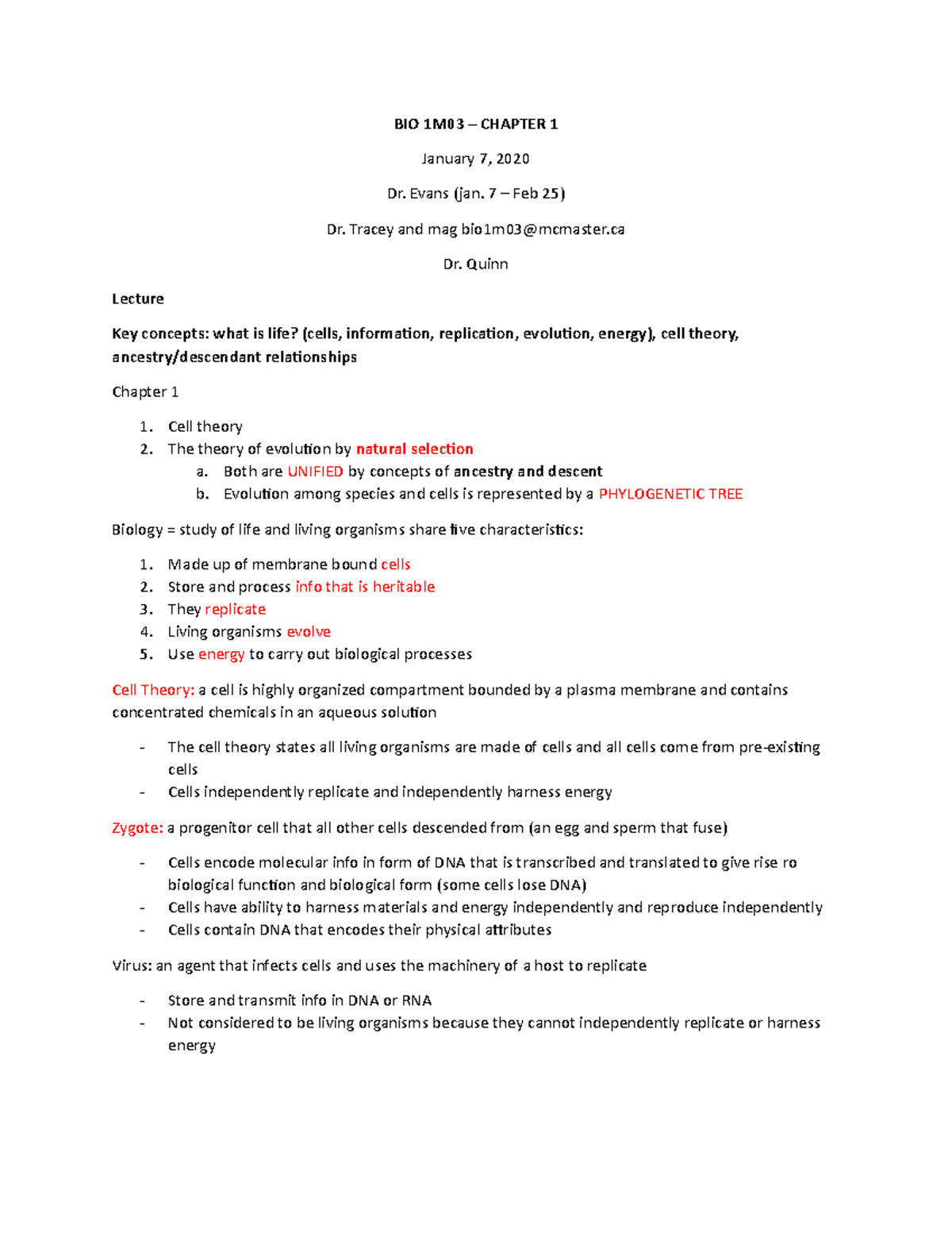 BIO 1M03 - WEEK 1 - Lecture notes 1 - BIO 1M03 – CHAPTER 1 January 7 ...