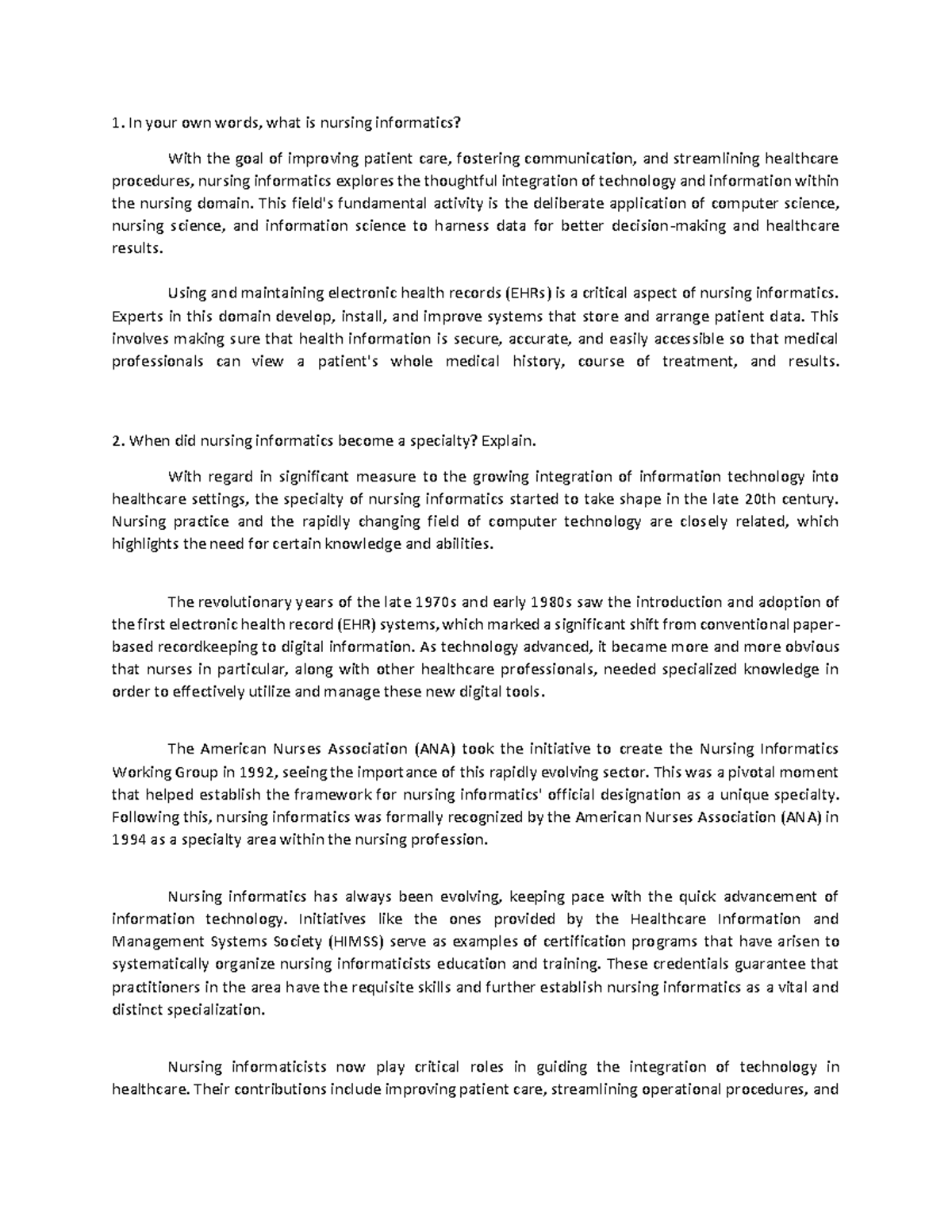 Nursing Informatics Activity 1 - In your own words, what is nursing ...