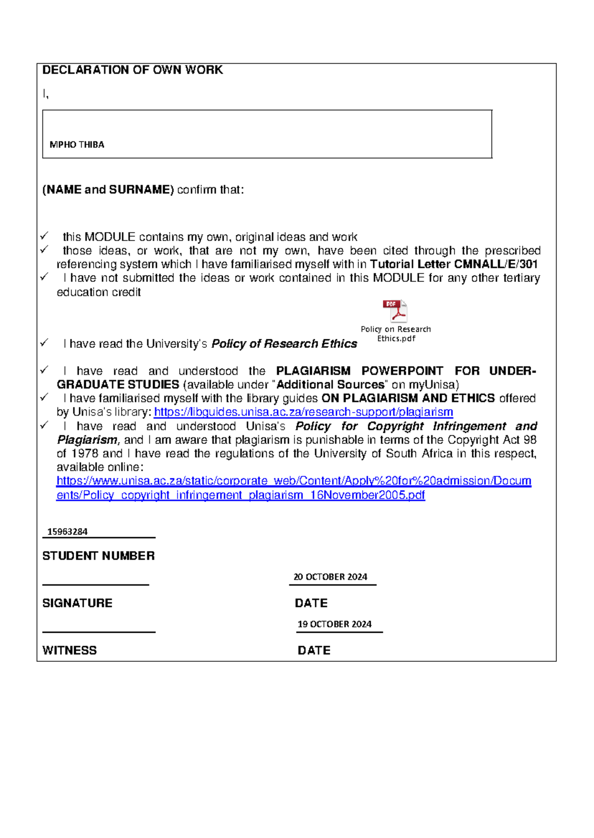 DPR 1503 portfolio - Mpho - DECLARATION OF OWN WORK I, MPHO THIBA (NAME ...