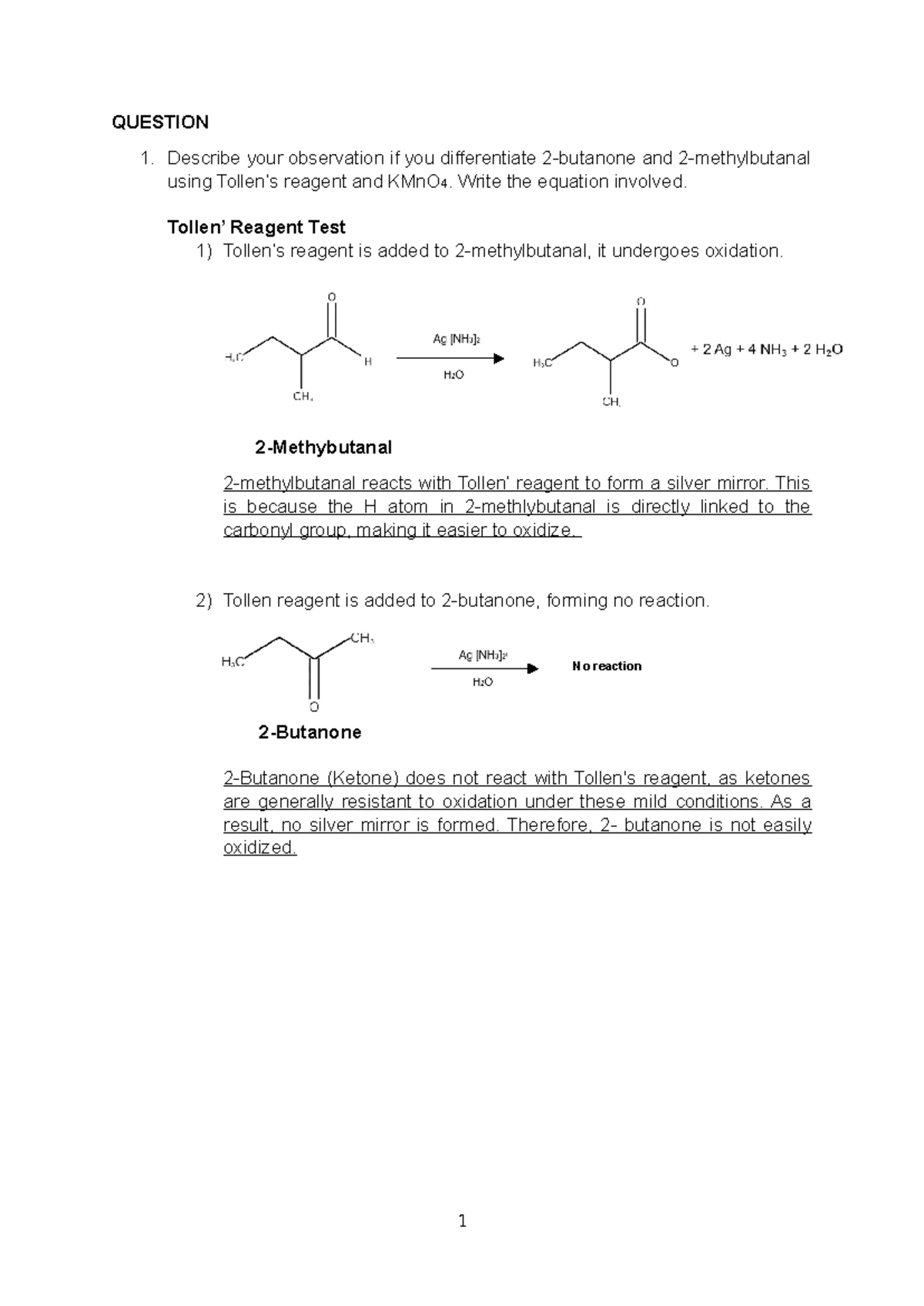 CHM301 DS&Q EXP2 - QUESTION 1. Describe your observation if you differentiate 2-butanone and ...