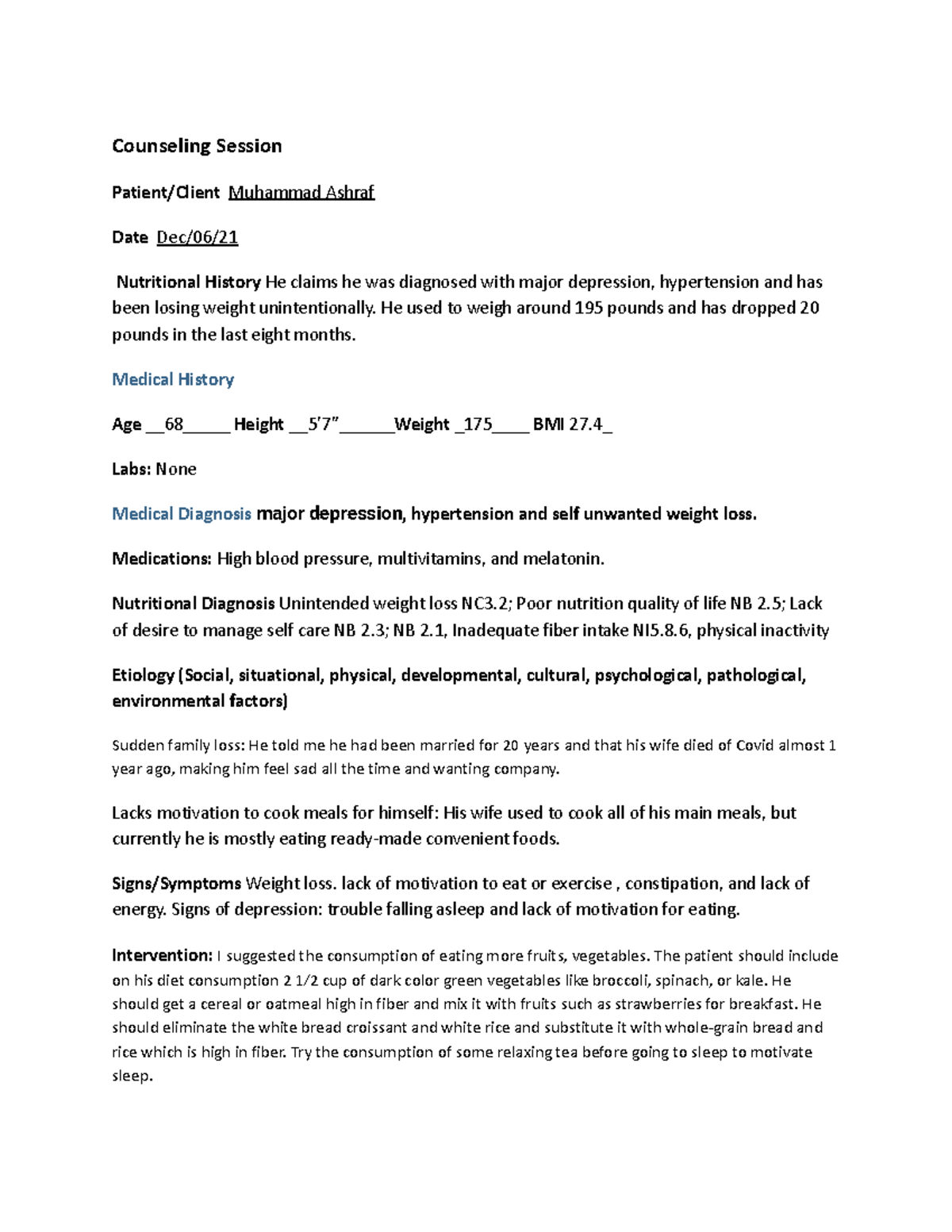 Counsling session -3 - CLASS ASSIGMENT - Counseling Session Patient ...