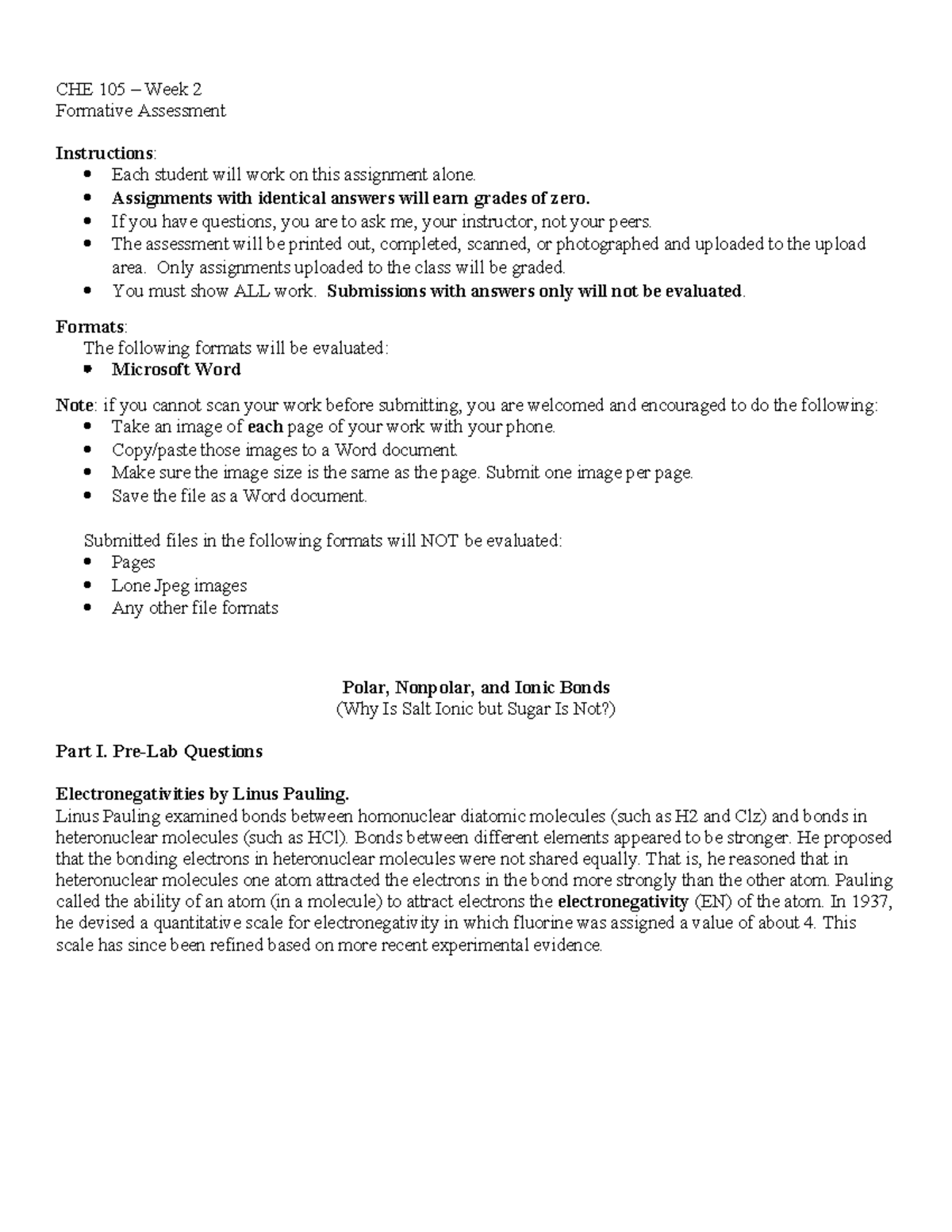 CHE105 W2 Formative Assessment - CHE 105 – Week 2 Formative Assessment ...