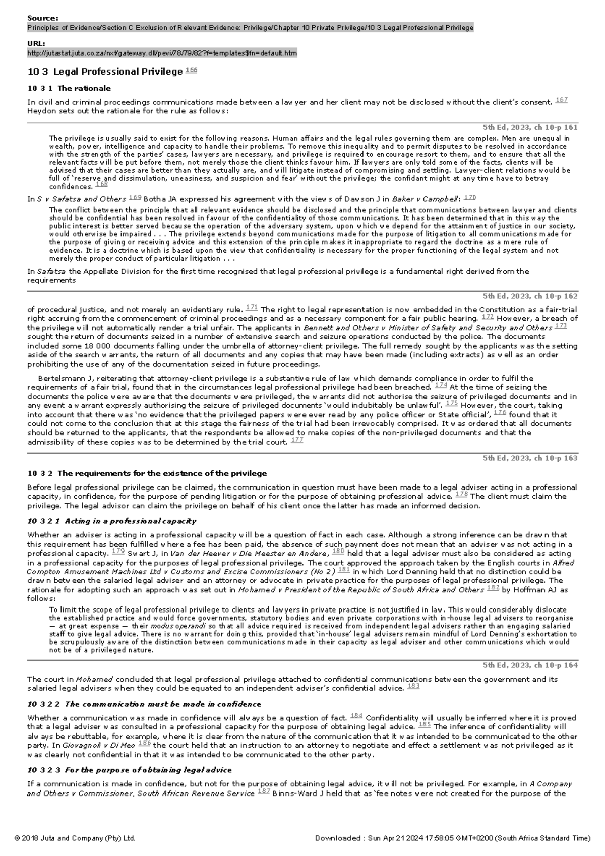 10 3 Legal Professional Privilege - Source: Principles of Evidence ...