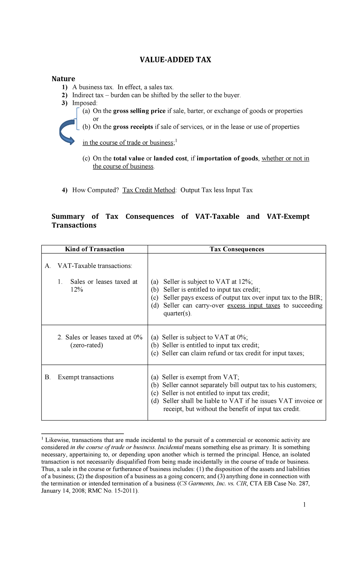 Value Added Tax Handouts - VALUE-ADDED TAX Nature A business tax. In ...