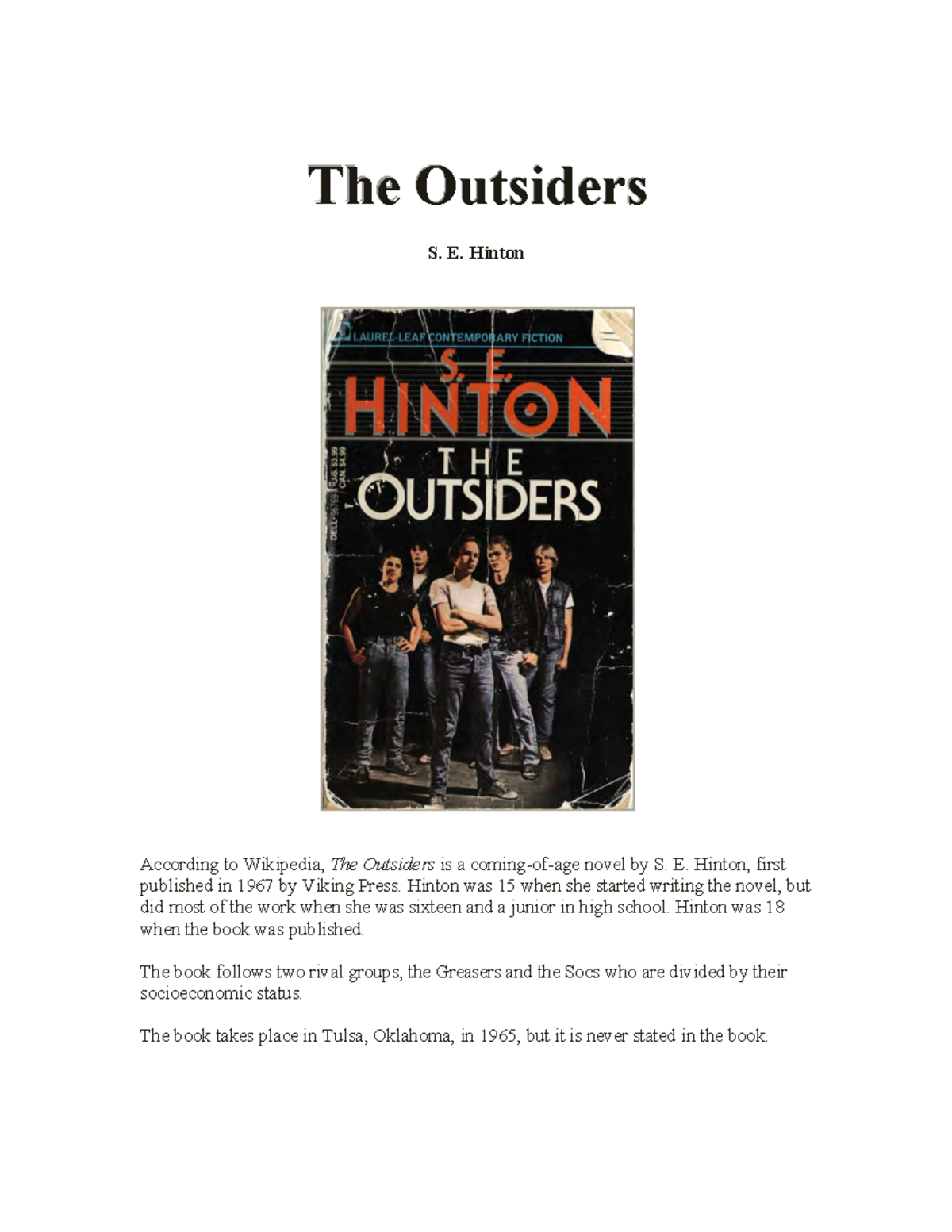 S.E.-Hinton-The-Outsiders-Full-Text - TTThhheee OOOuuutttsssiiidddeeerrrsss S. E. Hinton ...