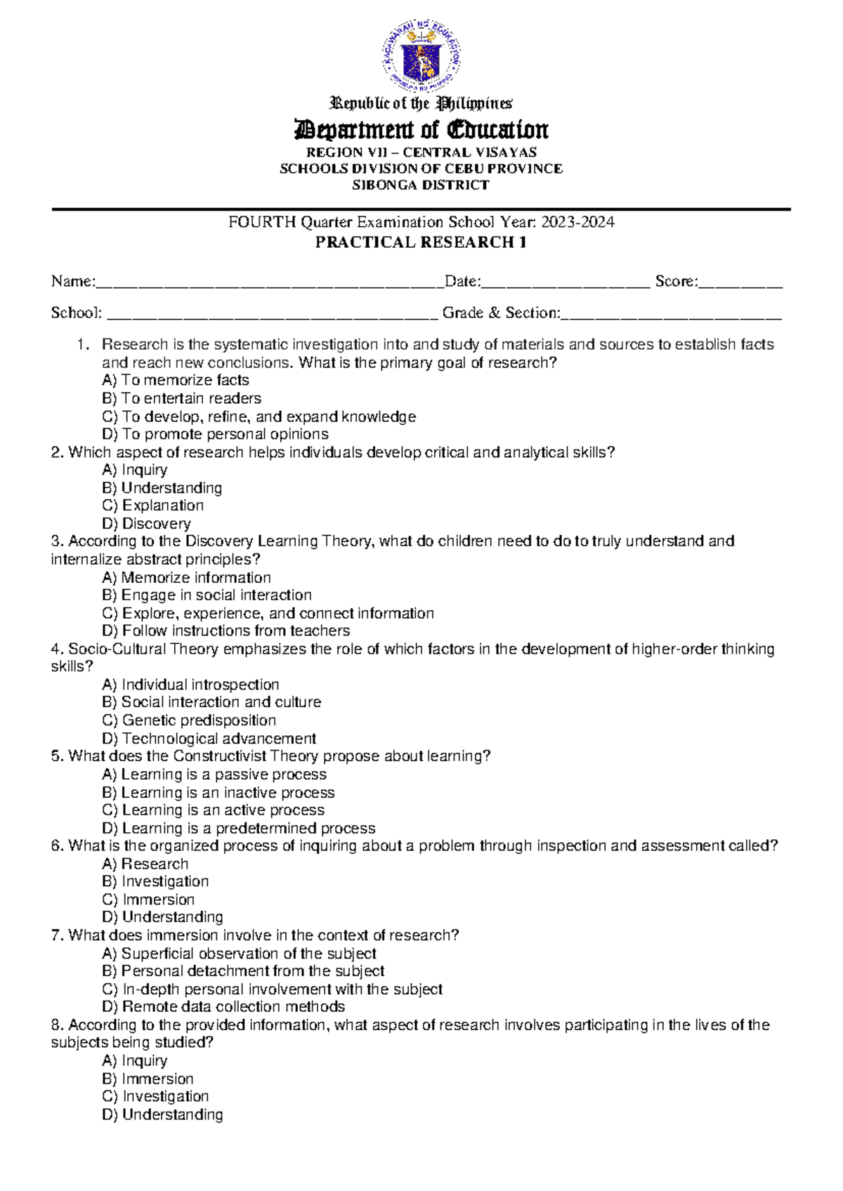 Practical RES 1 fourth exam - Republic of the Philippines Department of ...