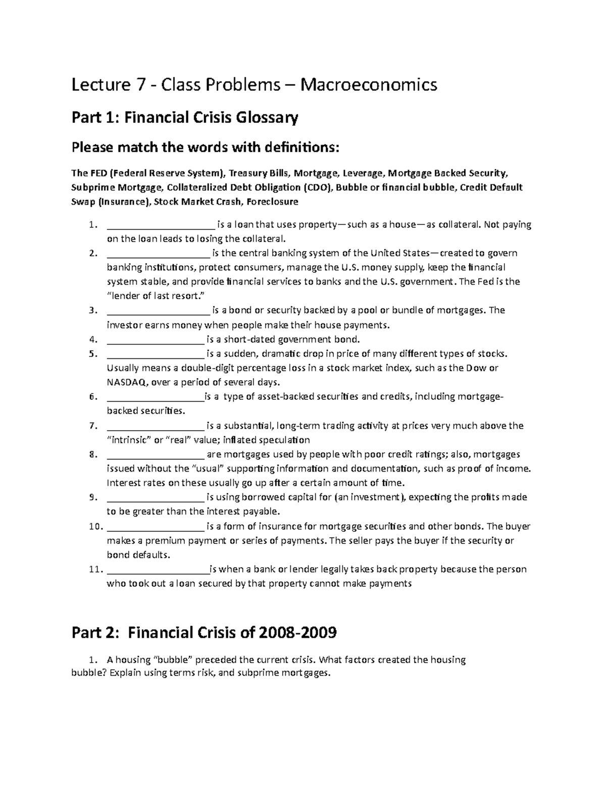 Lecture 7 Practice Problems Macro Lecture 7 Class Problems Macroeconomics Part 1