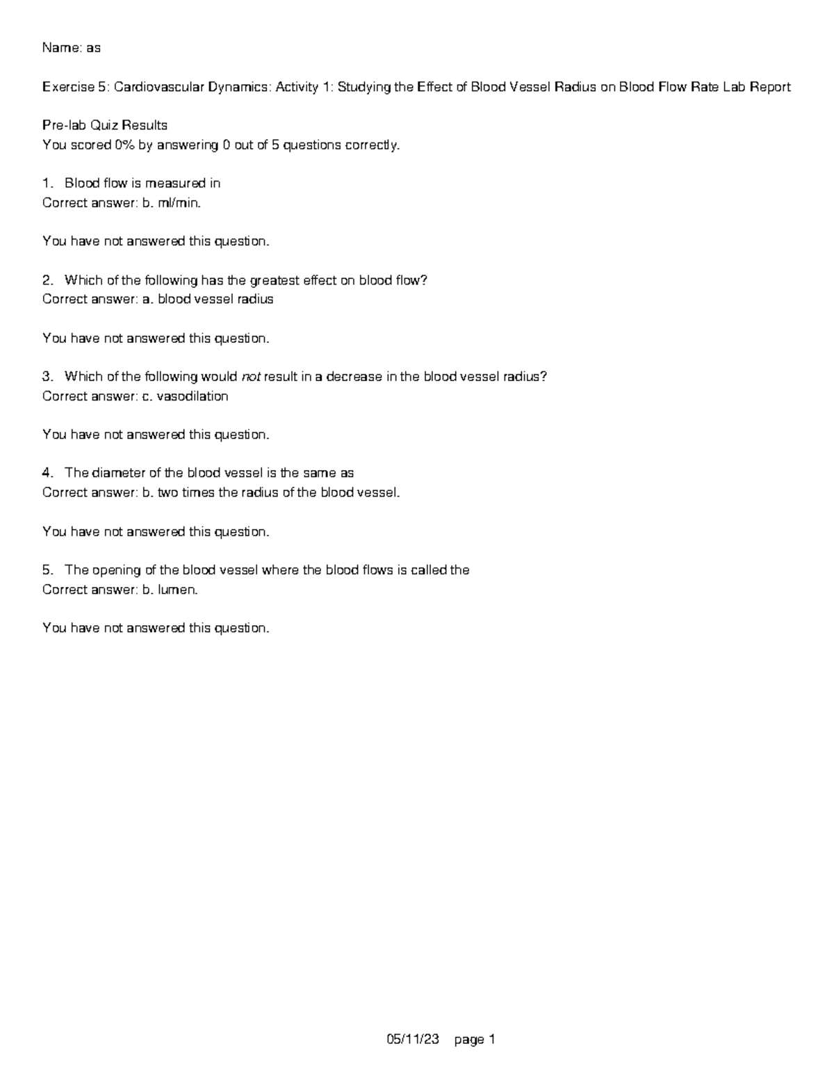 PEX-05-01 - asdfaf - Name: as Exercise 5: Cardiovascular Dynamics ...
