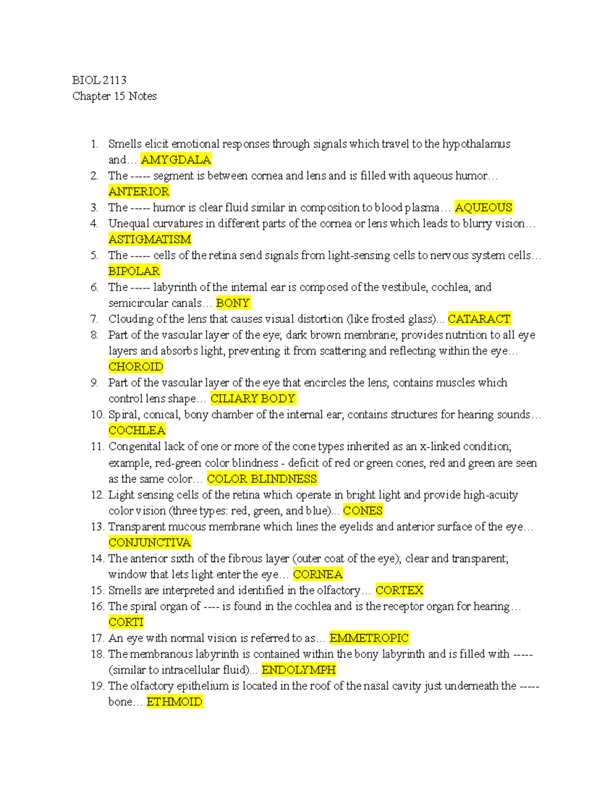 BIOL 2113 Ch. 15 Notes - Vocabulary - BIOL 2113 Chapter 15 Notes Smells ...