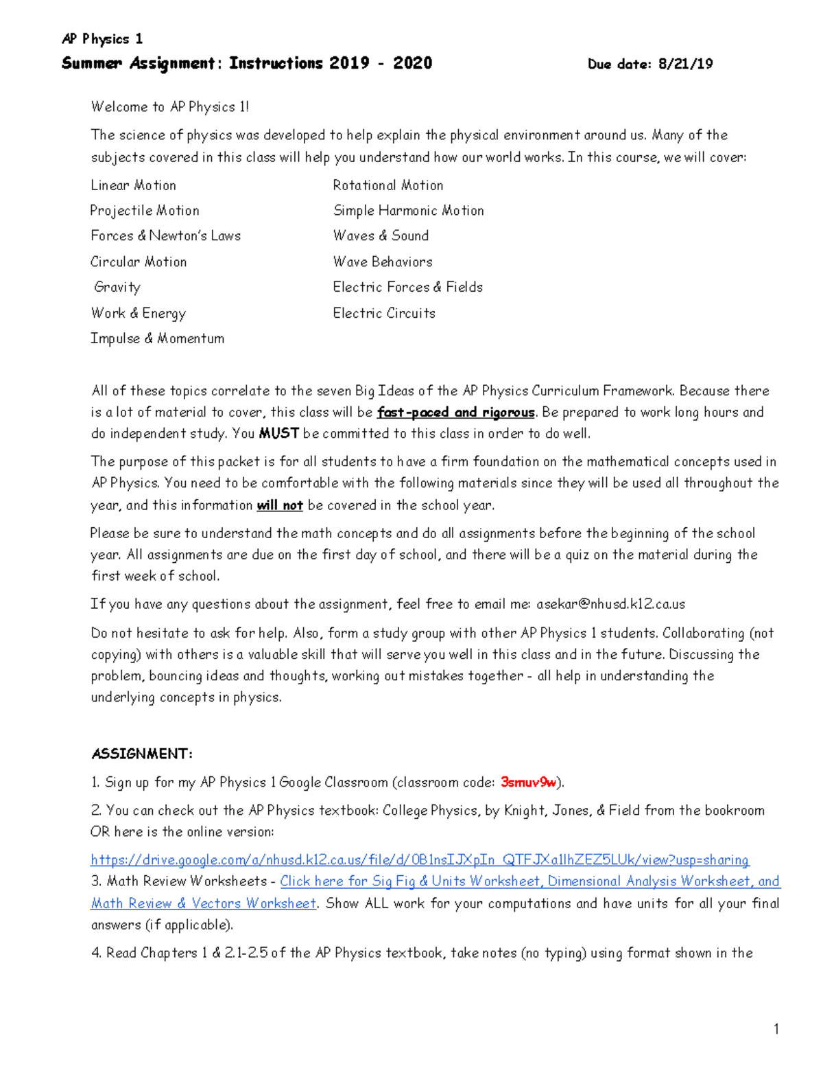 Physics 1 Summer Packet Notes - Summer Assignment: Instructions 2019 ...
