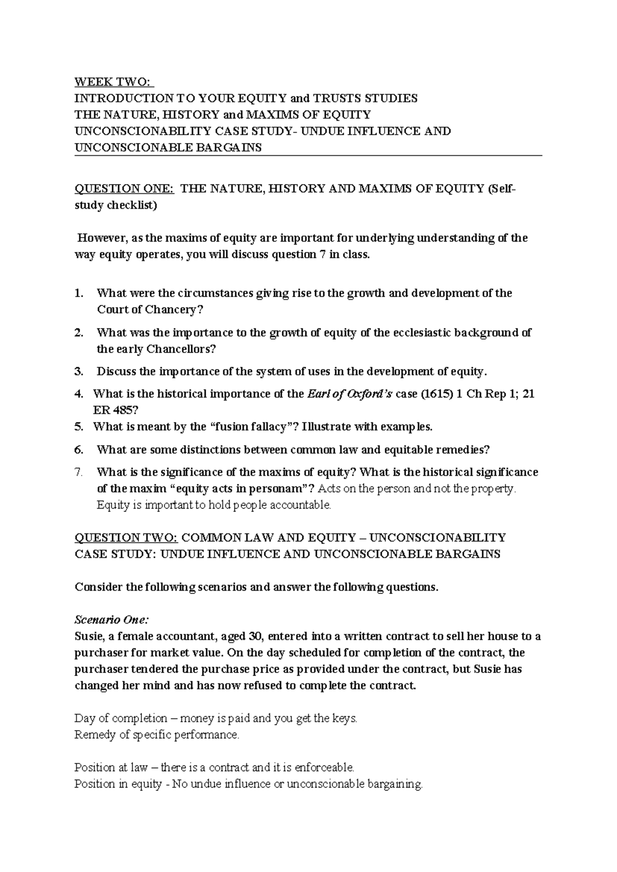 Wk2 - tut answers week 2 - WEEK TWO: INTRODUCTION TO YOUR EQUITY and ...