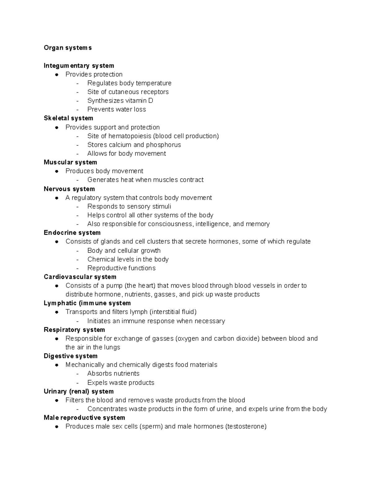 Bio Lab Organ Systems - Organ systems Integumentary system Provides ...