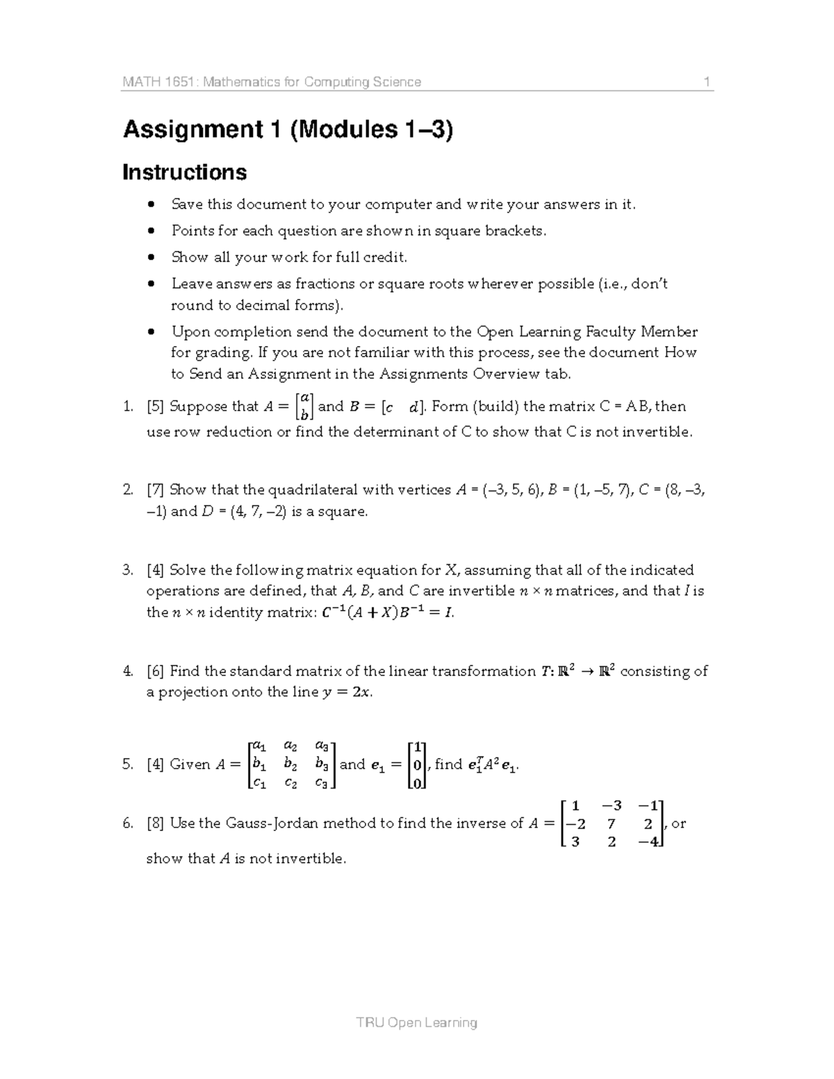 Math1651 Assignment1 - MATH 1651: Mathematics for Computing Science 1 TRU Open Learning ...