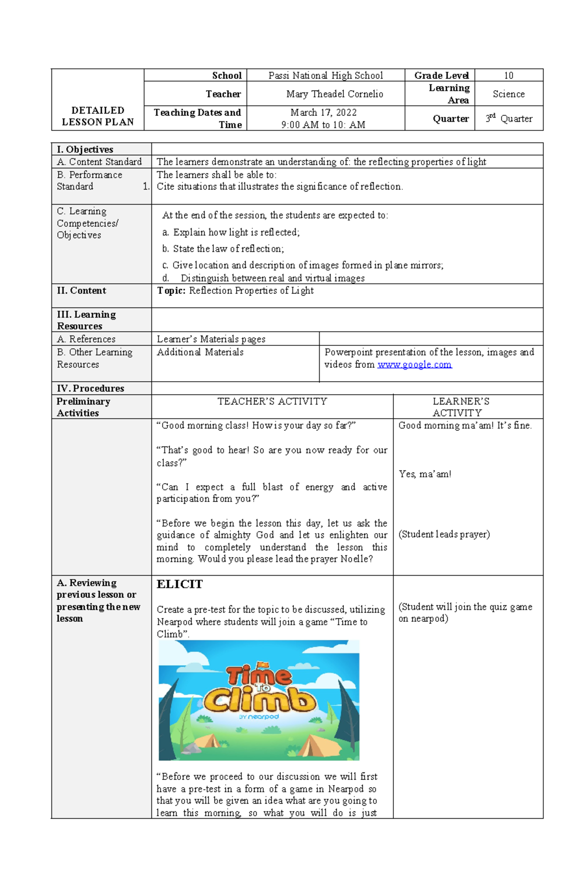 1 Reflection Lesson Plan - DETAILED LESSON PLAN School Passi National ...