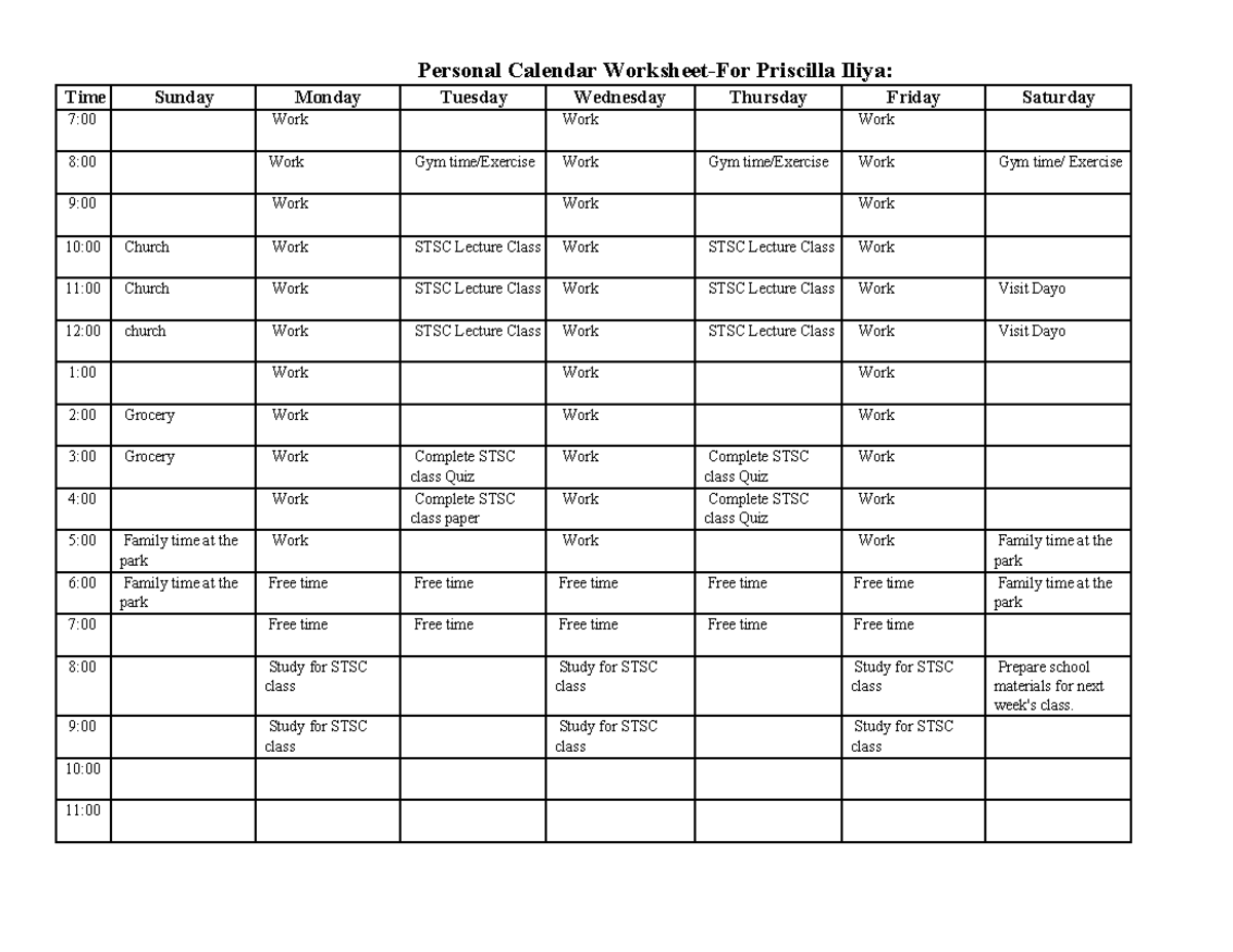 Personal Calendar Worksheet - 9:00 Study for STSC class Study for STSC ...