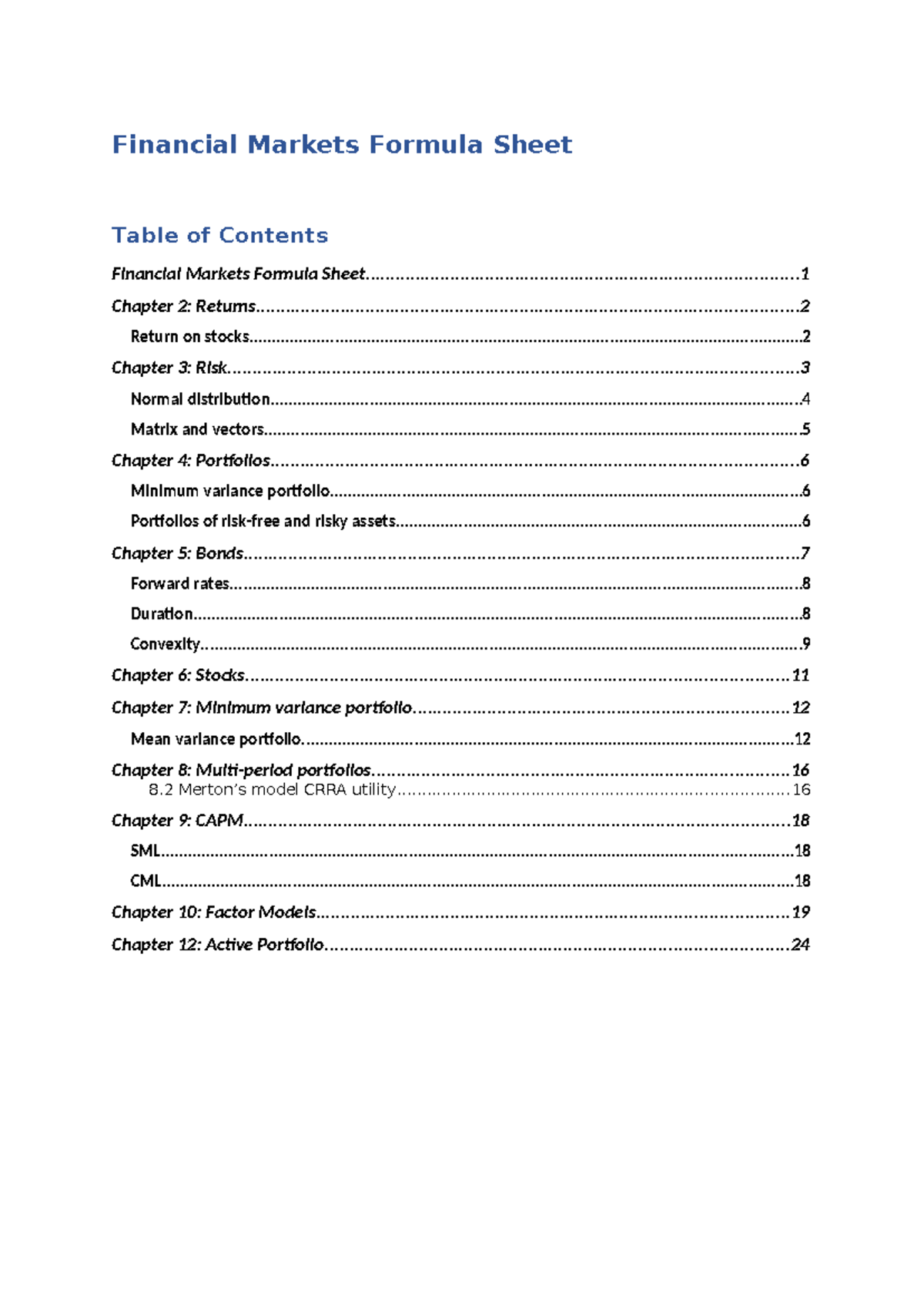 Financial Markets Formula Sheet - - Studocu