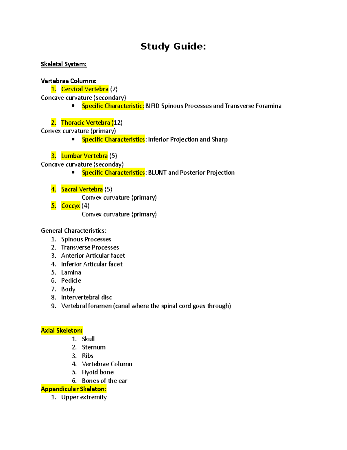 Study Guide for Anatomy Exam 1 - Study Guide: Skeletal System ...