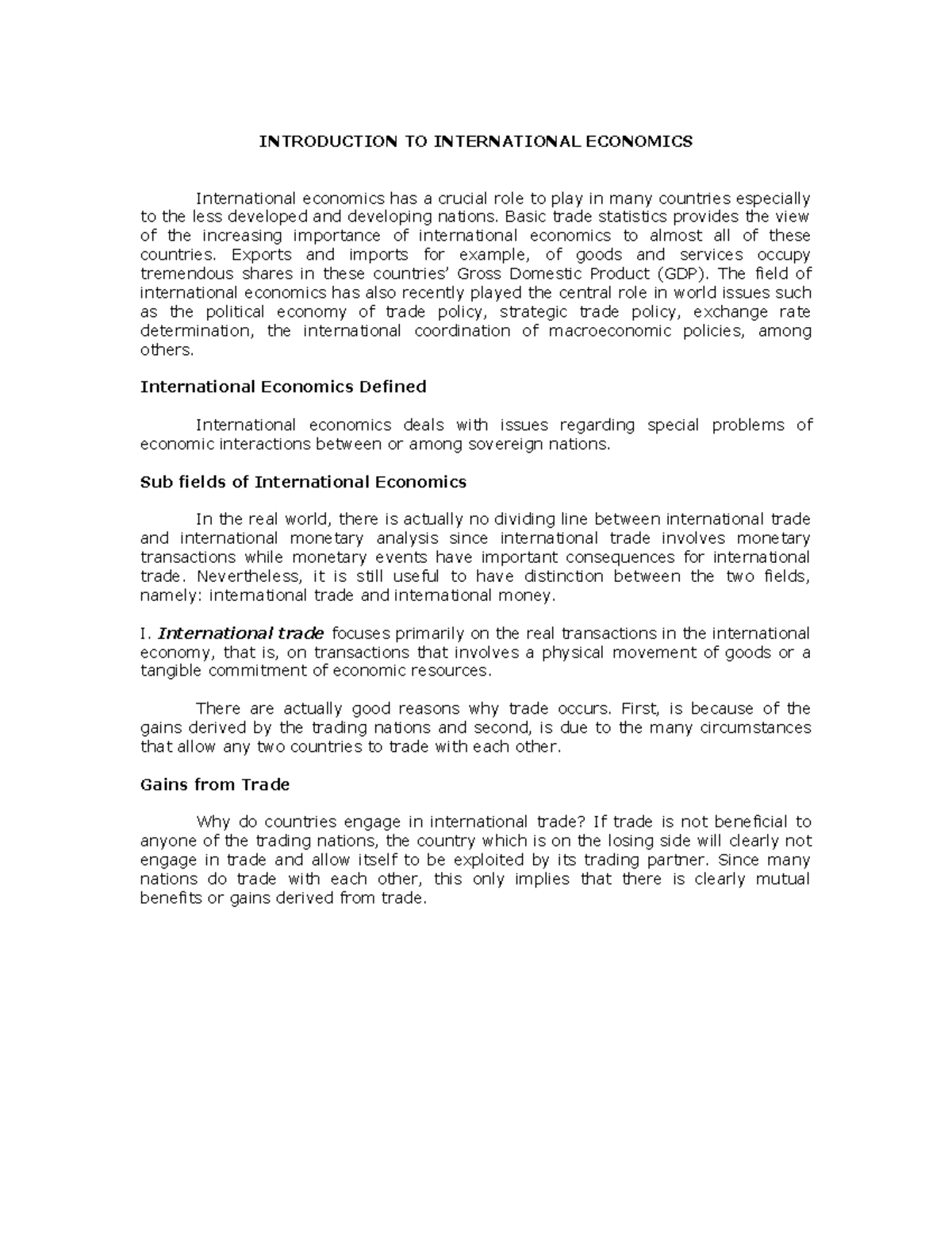 Review Agric ECON - INTRODUCTION TO INTERNATIONAL ECONOMICS ...