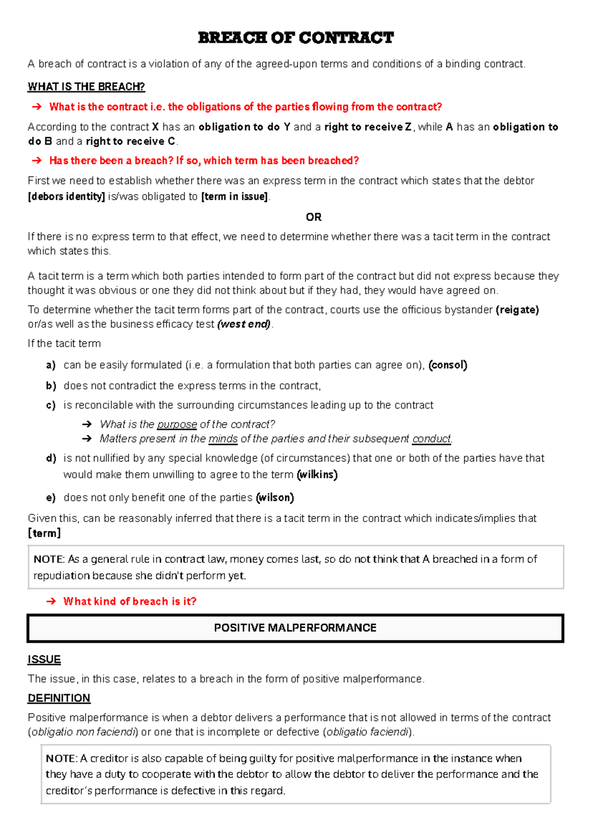 Answer Map Contract Law Breach (simple) - BREACH OF CONTRACT A breach ...