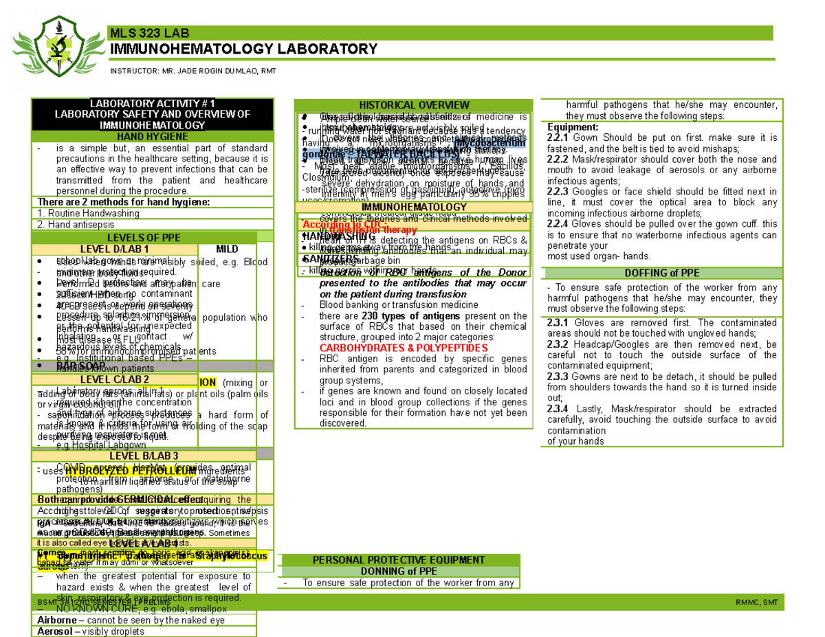 IH-LAB- Notes - NONE - IMMUNOHEMATOLOGY LABORATORY INSTRUCTOR: MR. JADE ...