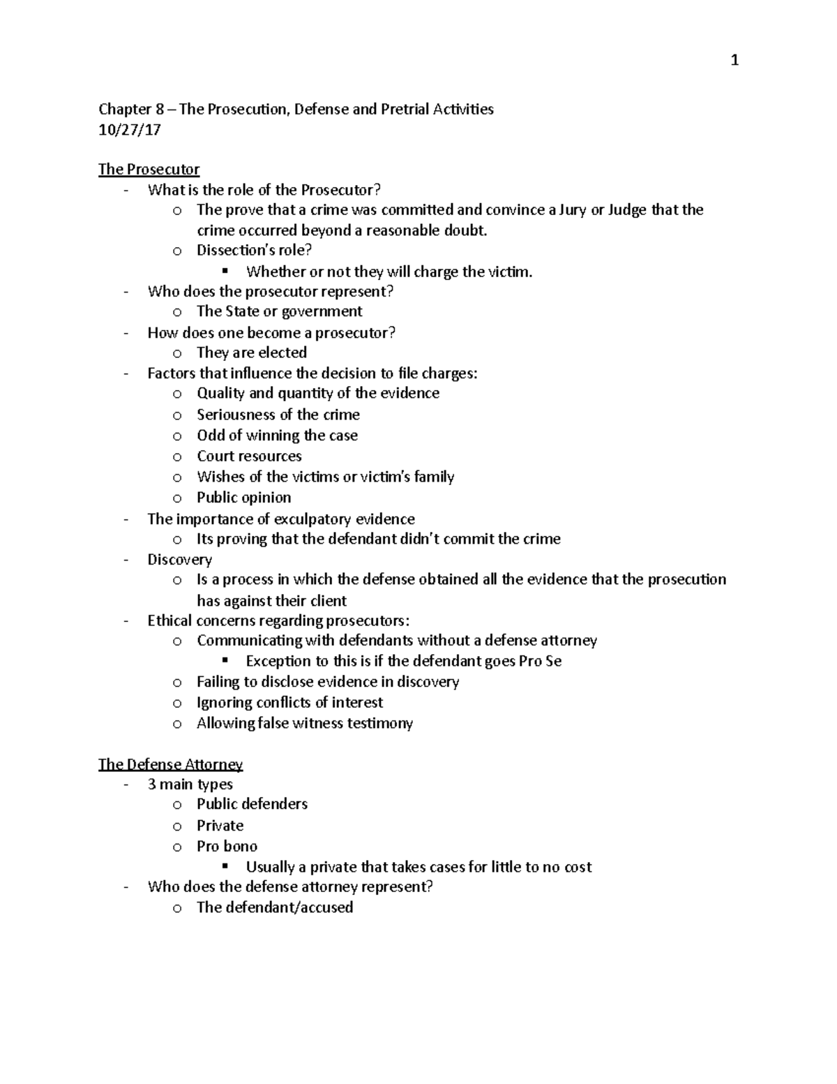 Chapter 8 - Lecture notes 7 - Chapter 8 – The Prosecution, Defense and ...