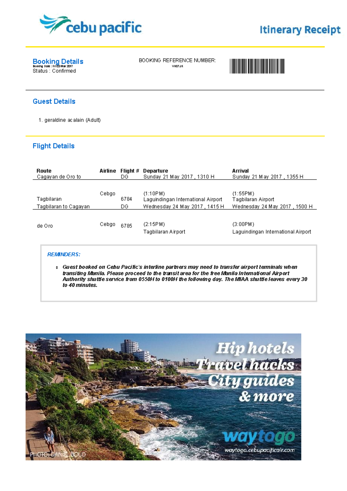 Cebu Pacific Ticket Receipt - Booking Details BOOKING REFERENCE NUMBER ...