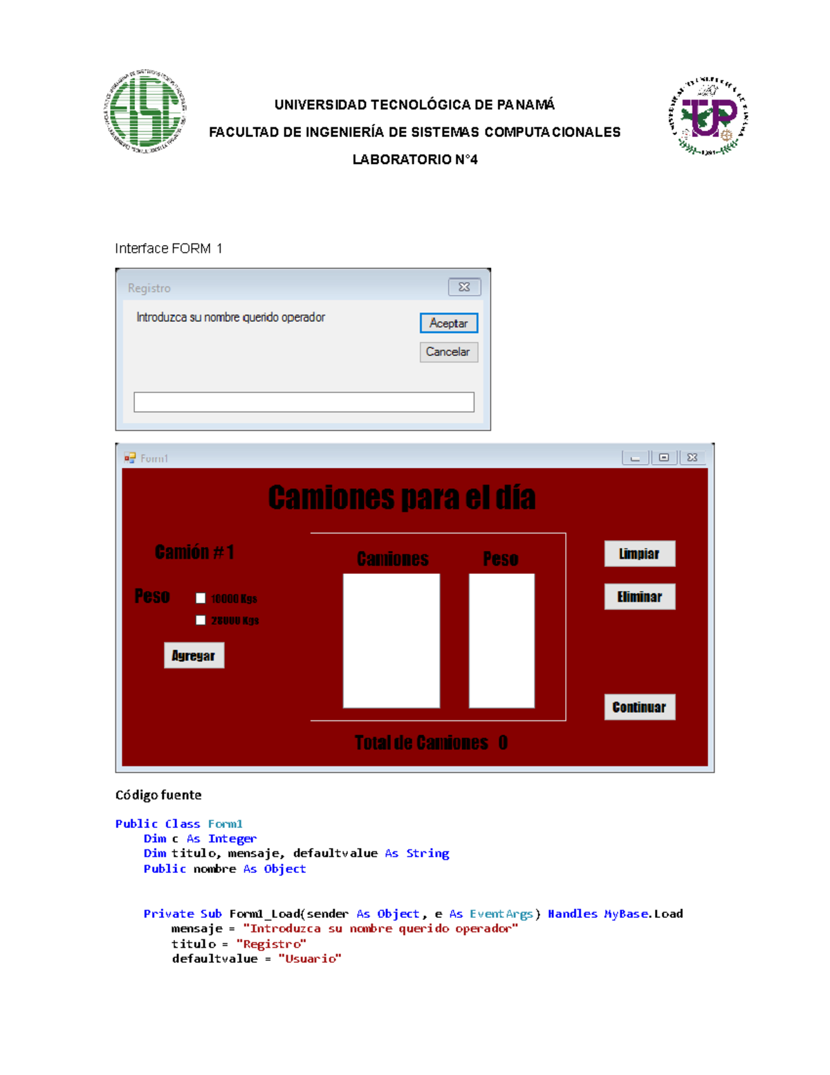 Hpiii VB LAB04 - codigo fuente en VISUAL BASIC - UNIVERSIDAD TECNOLÓGICA DE PANAMÁ FACULTAD DE ...