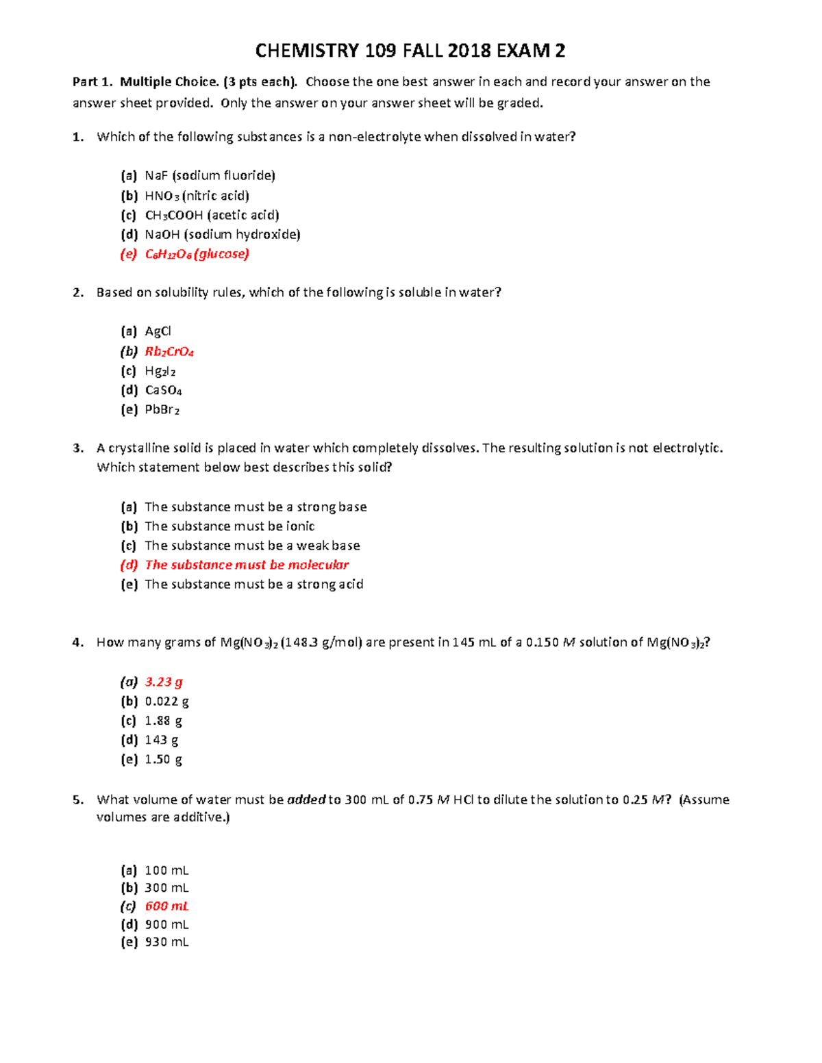 CHEM109 Exam 2 FA 2018 GOLD KEY - Part 1. Multiple Choice. (3 pts each ...