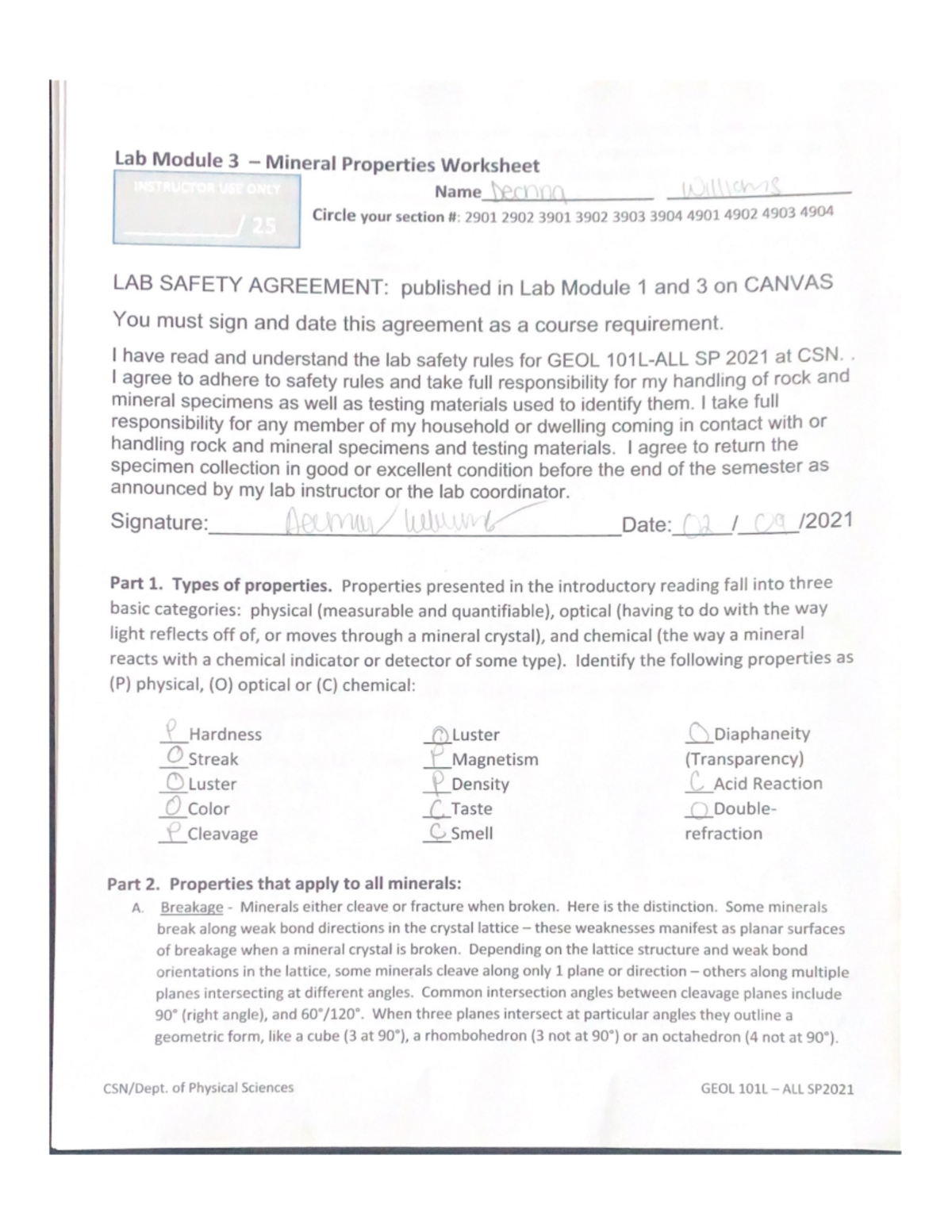 Lab Module 3 - Mineral Properties Worksheet - GEOL 101 - Studocu