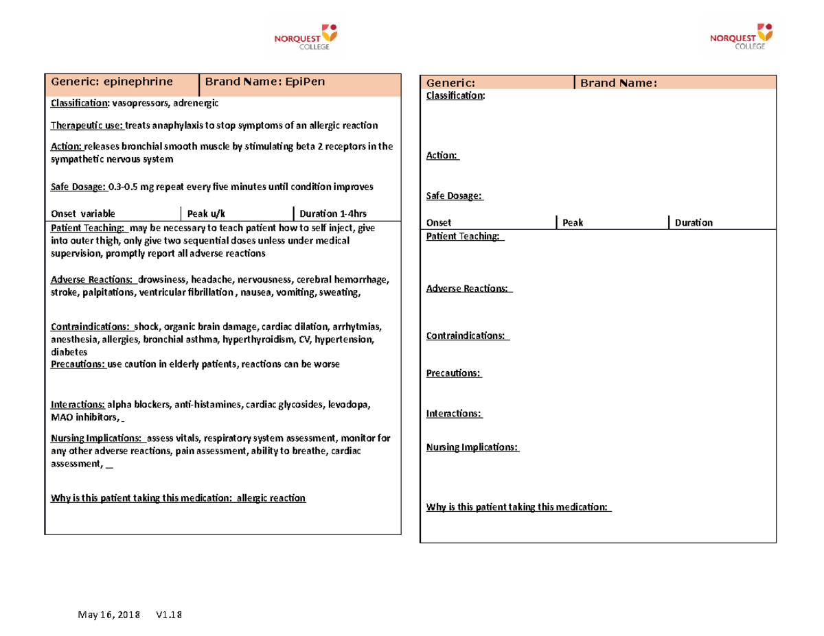 Epipen - Nursing medication cards - May 16, 2018 V1. Generic ...