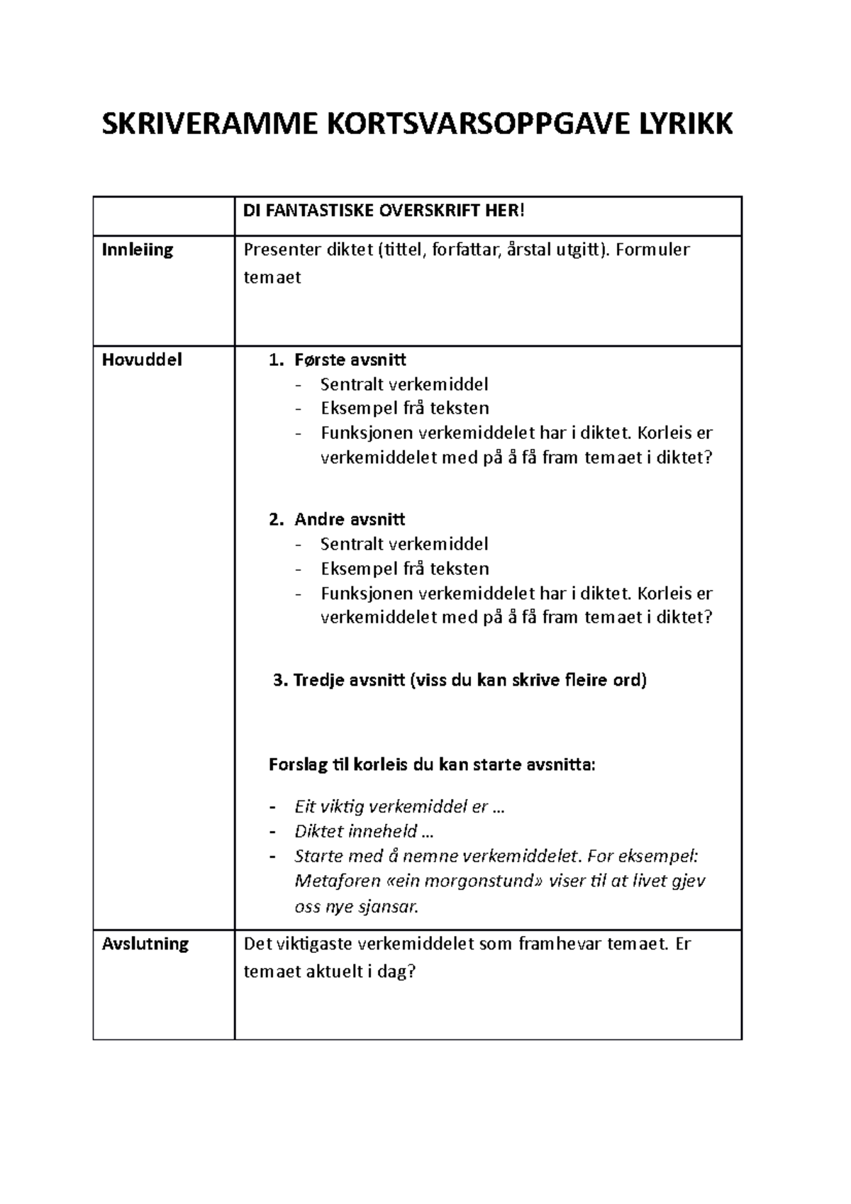 Skriveramme Kortsvarsoppgave Lyrikk - SKRIVERAMME KORTSVARSOPPGAVE LYRIKK DI FANTASTISKE ...